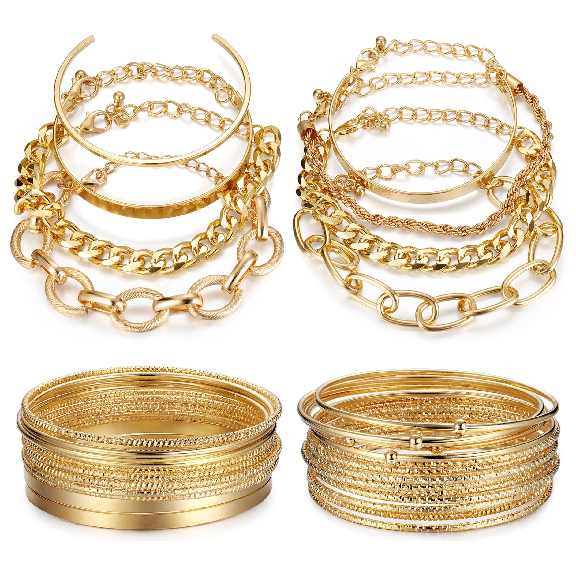YADOCA 33Pcs Gold Stackable Bangle Bracelets Set For Women Boho Indian Dainty Multiple Layered Stackable Open Cuff Wrap Bangles Adjustable Trendy Paperclip Link Italian Cuban Chain Jewelry For Women