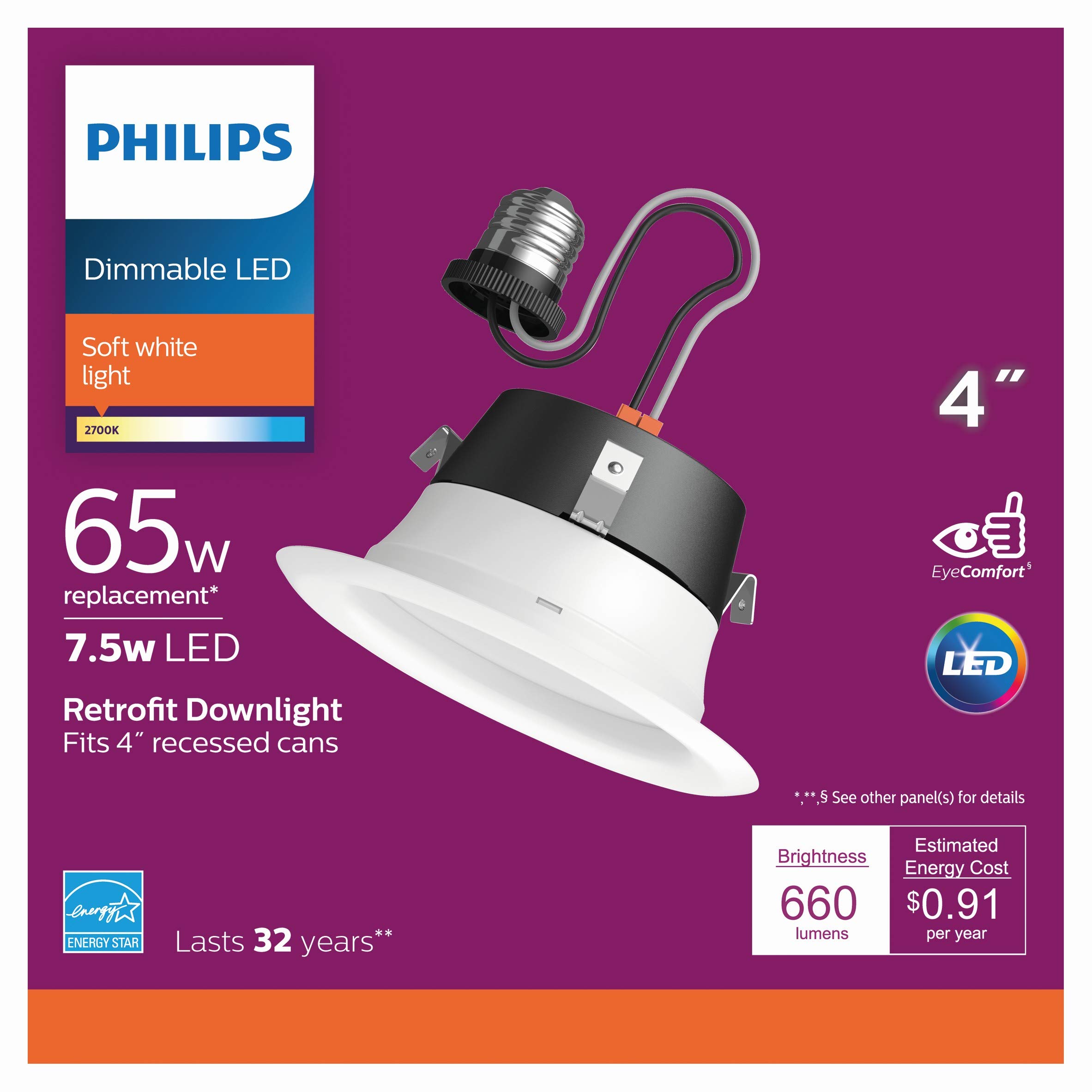 PHILIPS LED 802645 Dimmable 4” Downlight Flicker-Free Recessed Lighting with EyeComfort Technology: 660-Lumens, 2700K, 7.5 (65-Watt Equivalent), E26 Base, Soft White, 6-Pack, Title 20 Compliant