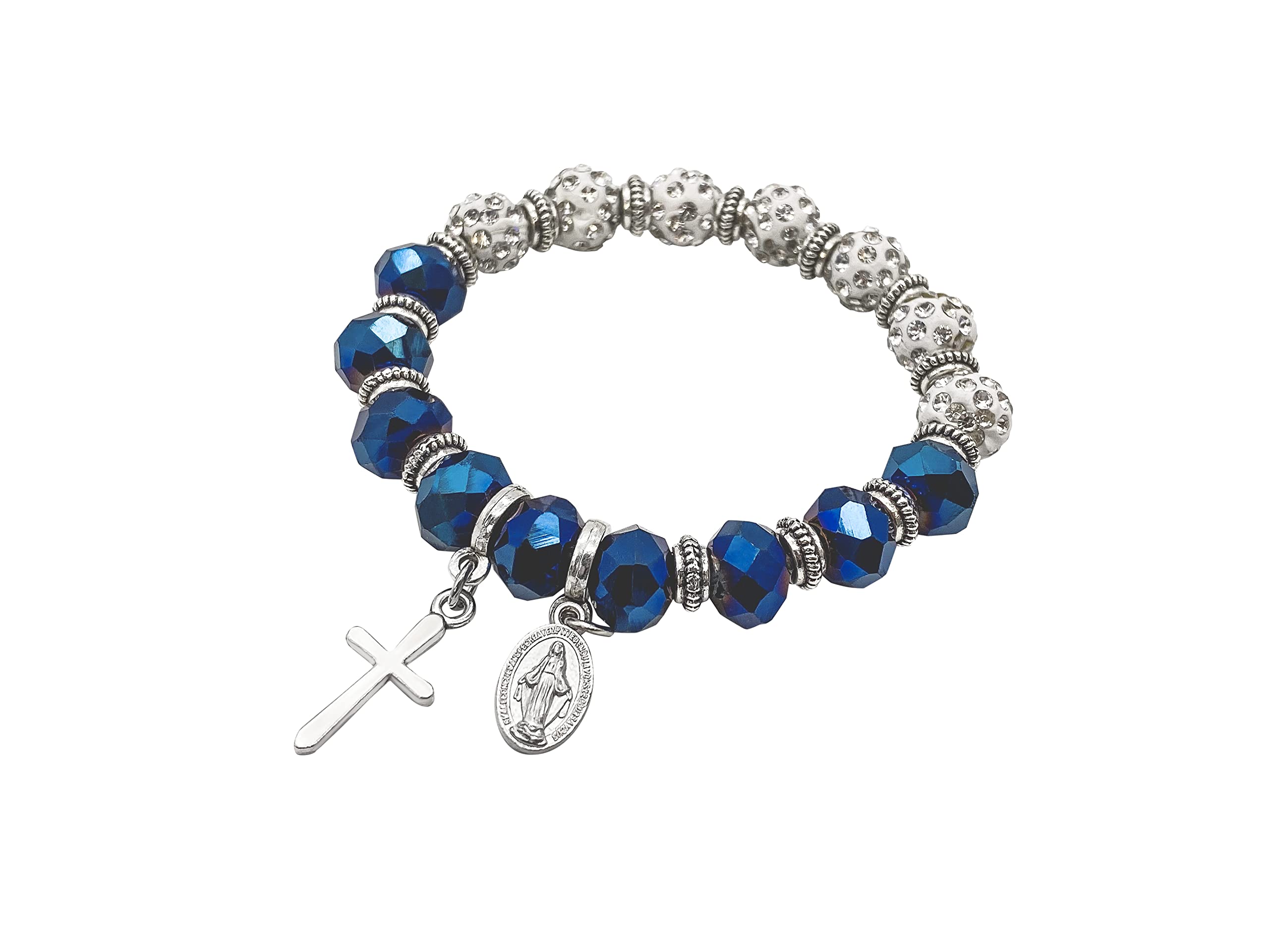 Nazareth Store Women's Beaded Stretch Rosary Bracelet Deep Blue Crystal Beads Bangle Crucifix & Miraculous Medal