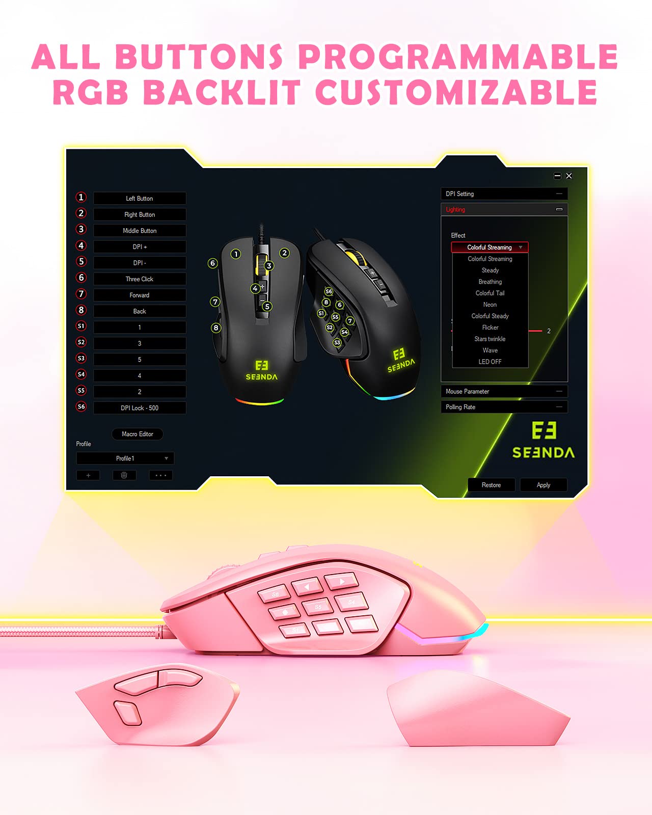 seenda MMO Gaming Mouse Vanguard S with Interchangable Side Plates, 10000 DPI Programmable Macros and Customizable PC Computer Gaming Mice with Side Buttons, Pink