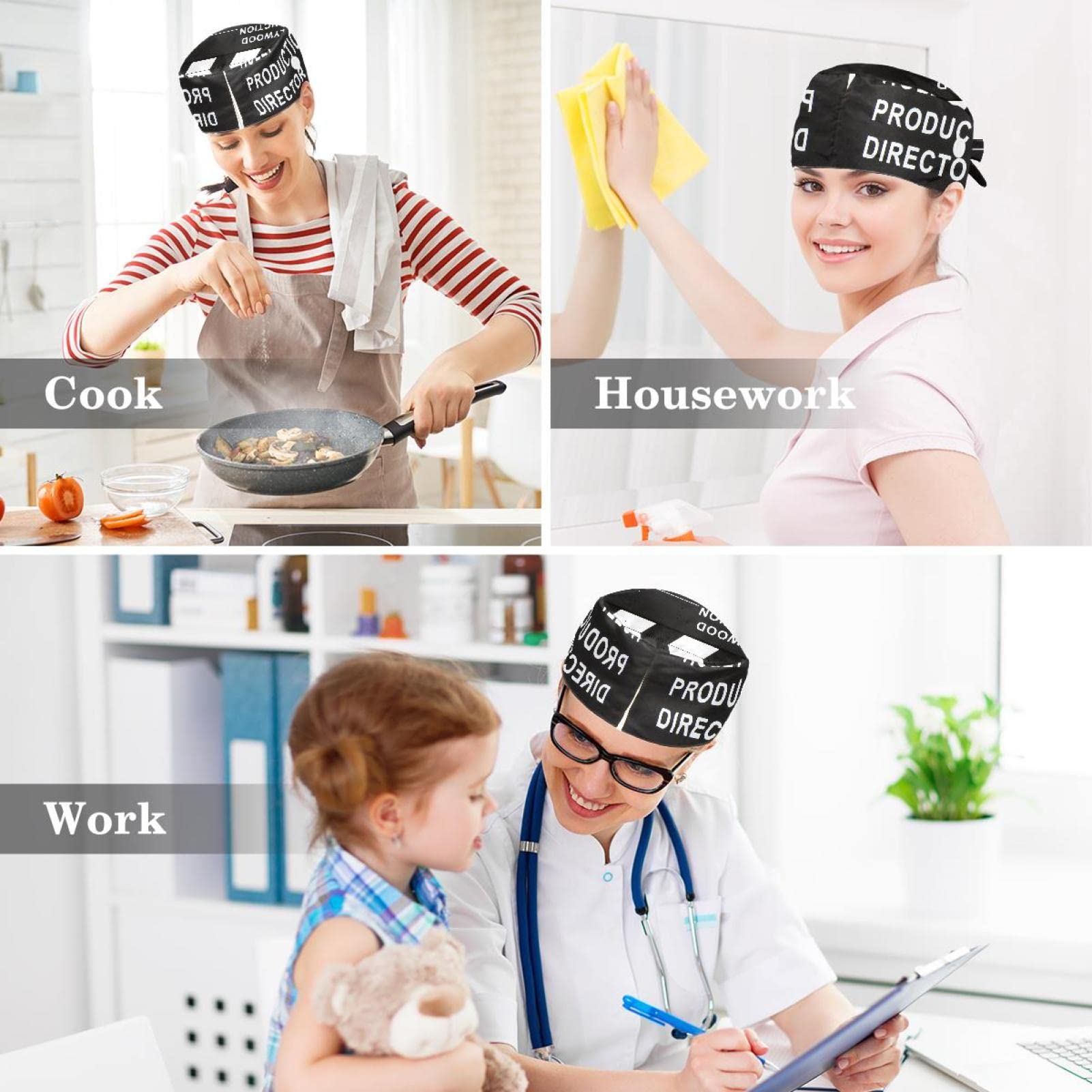 Movie Cinema Lapper Board Nurse Scrub Caps Women Long Hair Adjustable Working Cap with Button and Bow Hair Scrunchie