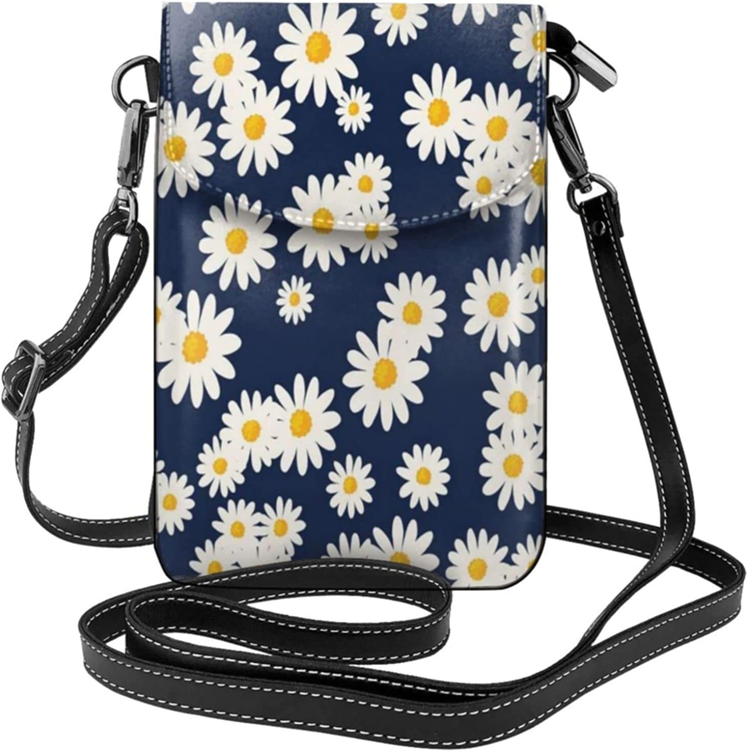 Women Cell Phone Purse Leather Crossbody Bag-Navy Blue Floral Daisy Mini Shoulder Bag Card Holder Wallet