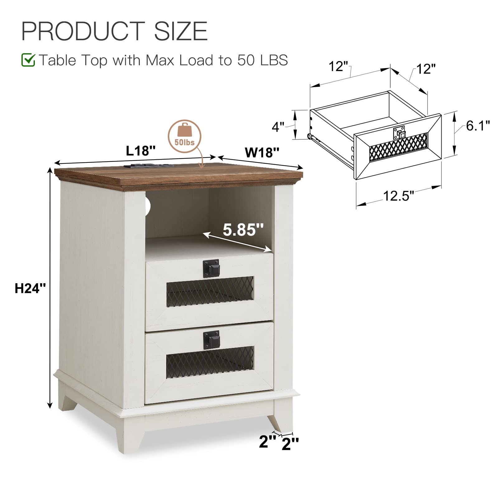 Nightstand with Charging Station,OKD 18'' Industrial & Farmhouse End Table with 2 Drawers & Open Cubby, Rustic Mesh Drawer Sofa Side Table w/Storage for Bedroom, Living Room, Office, Light Rustic Oak