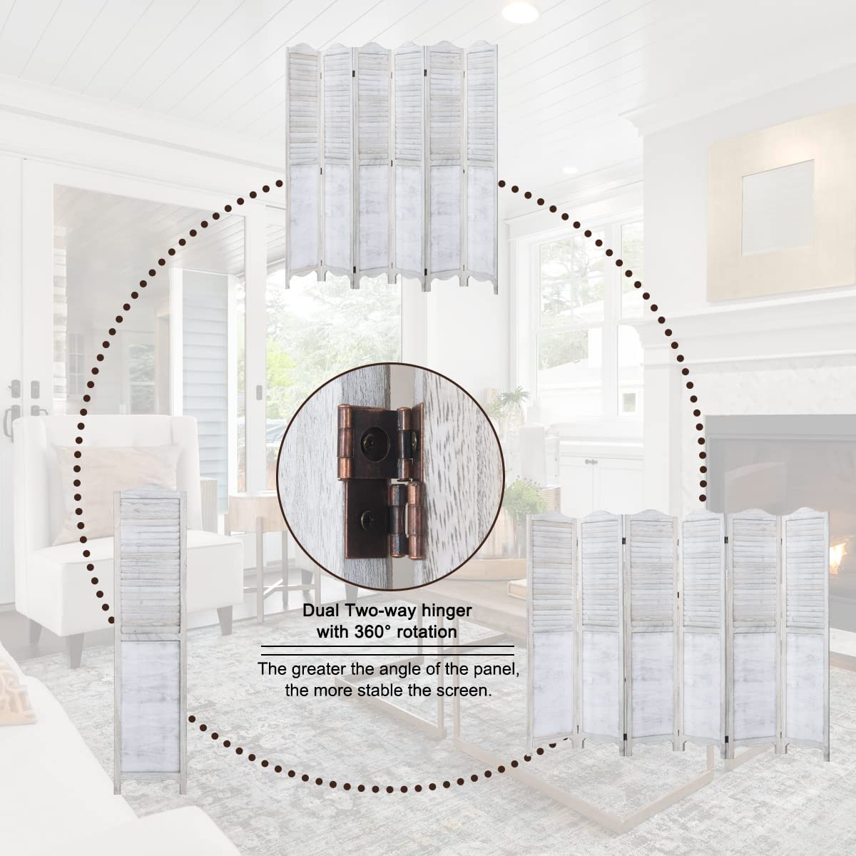 Room Divider Privacy Screen 6 Panel Room Dividers and Folding Privacy Screens 5.6ft.Tall Rustic Wood White Room Divider Wall Separator Partition Freestanding