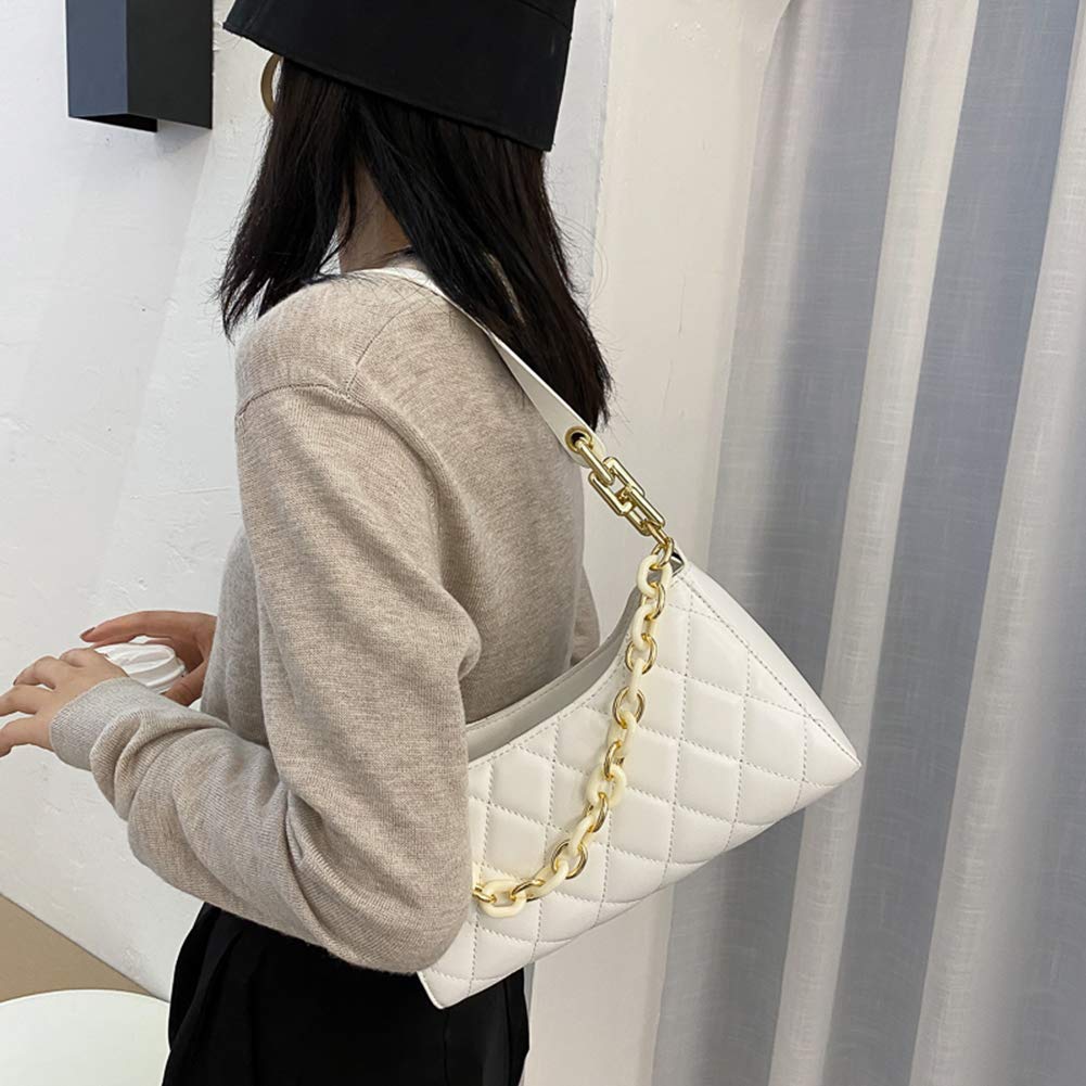 Women Chain Handbags Solid Lattice Pattern Travel Simple Shoulder Underarm Bag, White, 21 x 18 x 5cm