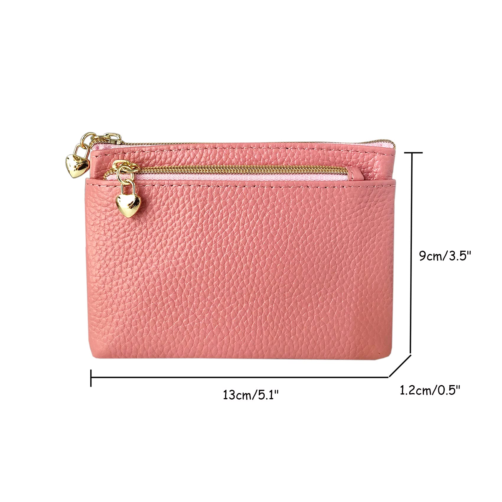 Women's Leather Portable Coin Purse, Pocket Wallet, Zipper Card Holder Wallet with Key Ring (Pink)