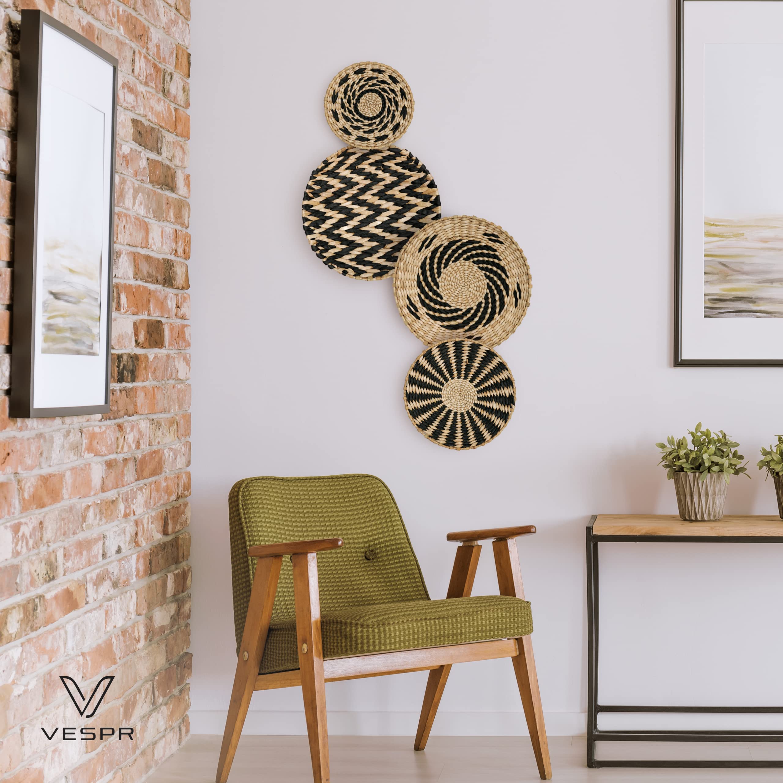 VESPR Rattan Wall Basket Decor with Included Wall Hooks – Bohemian Handmade Wall Art - Centerpiece Decorations - Set of 4 Woven Baskets - Perfect Rustic Home Décor for Kitchen, Living Room, Bedroom