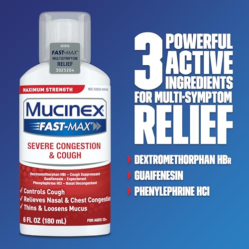Mucinex Fast-Max Severe Congestion & Cough Medicine, Maximum Strength Symptom Relief, Over-The-Counter Medication, Cold Medicine, Cough Suppressant, Expectorant, Nasal Decongestant, FSA/HSA, 6 FL OZ