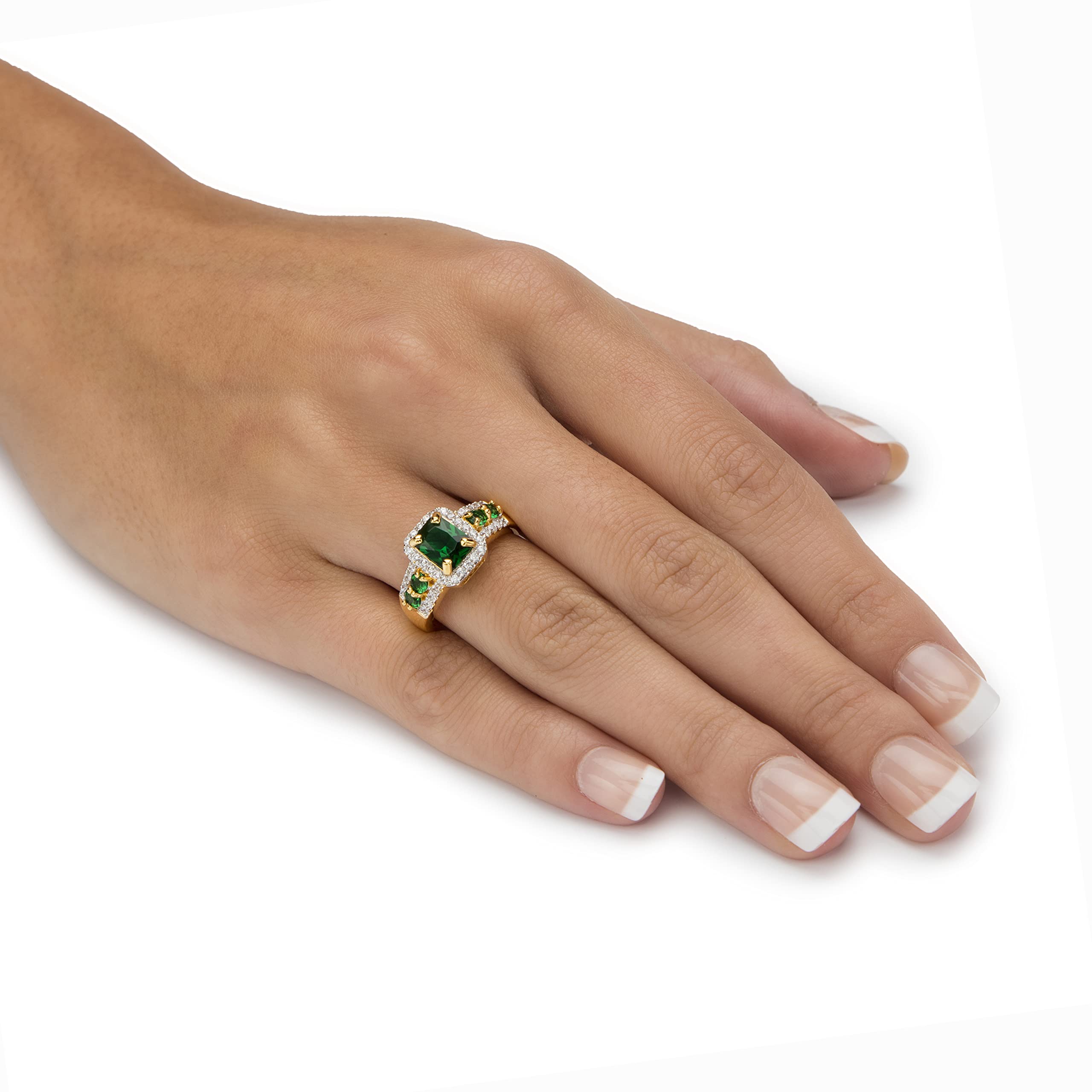 PalmBeach Jewelry Yellow Gold-Plated Emerald Cut Simulated Emerald or Red Ruby and Cubic Zirconia Halo Ring Size 8
