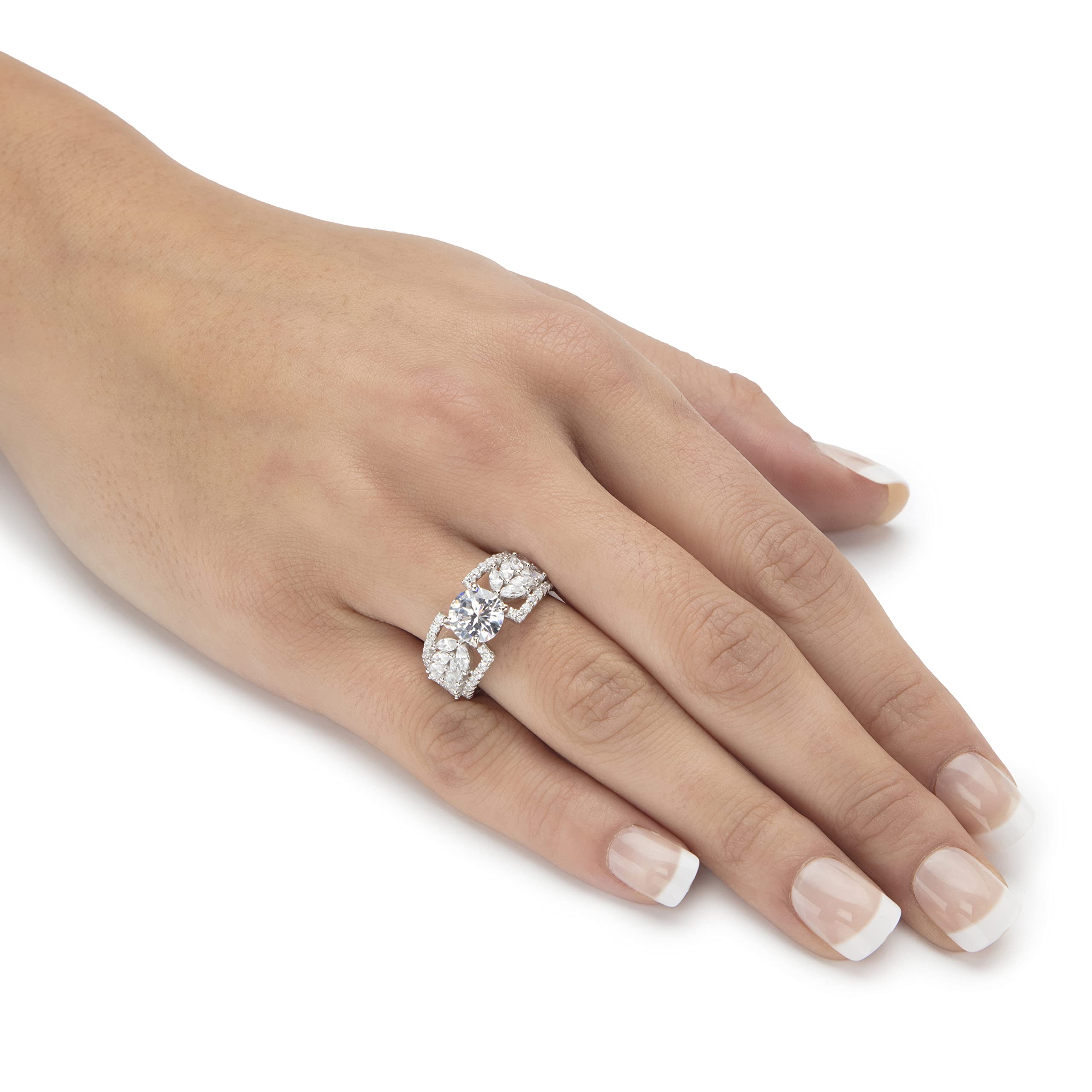 PalmBeach Jewelry Yellow Gold-Plated or Platinum-Plated Sterling Silver Round Cubic Zirconia Multi-Row Leaf Ring Size 7