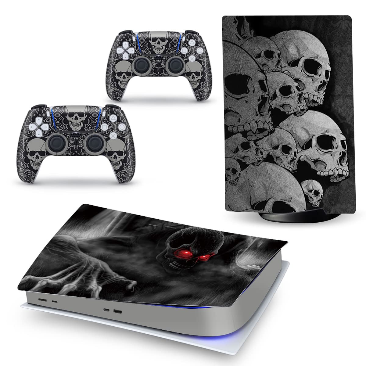 PS5 Skin Stickers Full Body Vinyl Skins Wrap Decals Cover for PS5 Digital Edition Console & Controllers (Black Skulls)