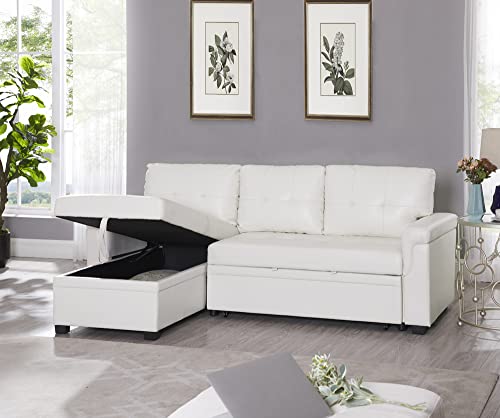 Naomi Home Diora Sectional Sleeper Sofa - Elegant L-Shaped Couch Convertible Pull-Out Bed, Ample Storage, Timeless Design, Sturdy Construction, Long-Lasting for Modern Living, Air Leather, White