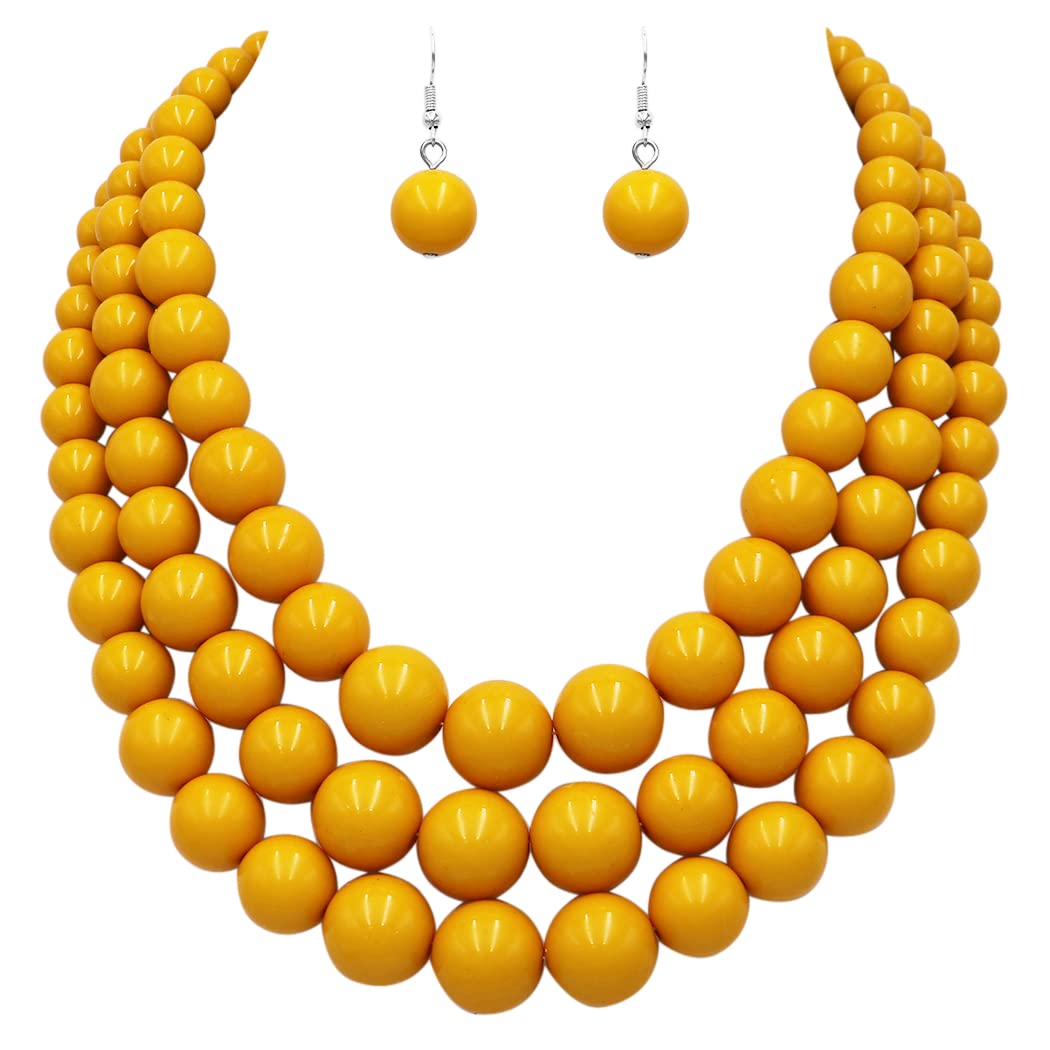 Rosemarie & Jubalee Women's 3 Colorful Multi Strands Simulated Pearl Necklace And Earrings Jewelry Gift Set, 18"+3" Extender (Mustard Yellow Silver Tone)