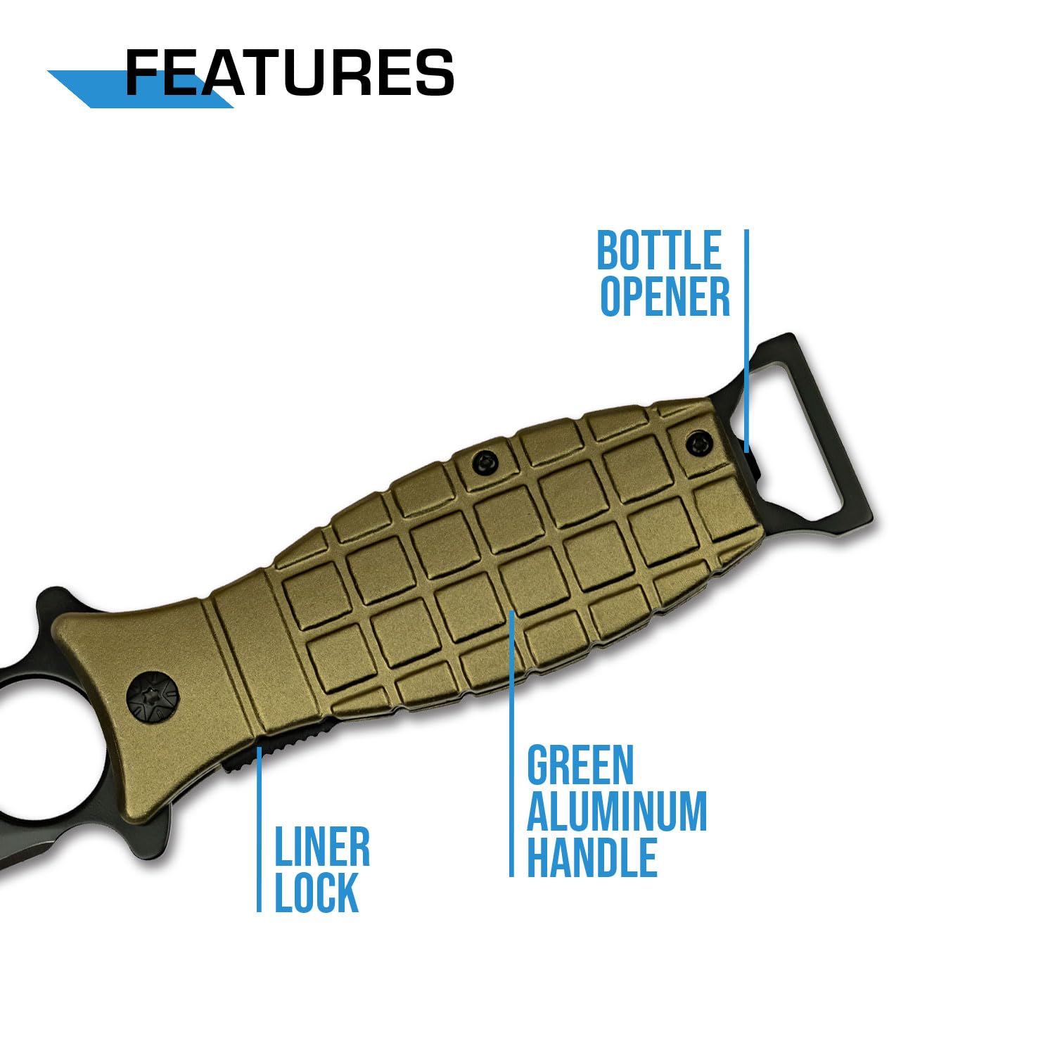 MTECH USA – Spring Assisted Folding Knife – Black Stainless Steel Blade, Green Aluminum Grenade Style Handle w/Bottle Opener and Pocket Clip, Tactical, EDC, Self Defense- MT-A588GN