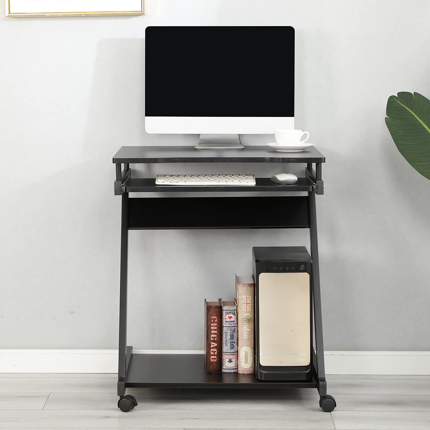 soges Small Rolling Computer Desk, Z Shape Laptop Desk Cart on Wheels, Mobile Computer Workstation for Home and Office with Keyboard Tray, Black