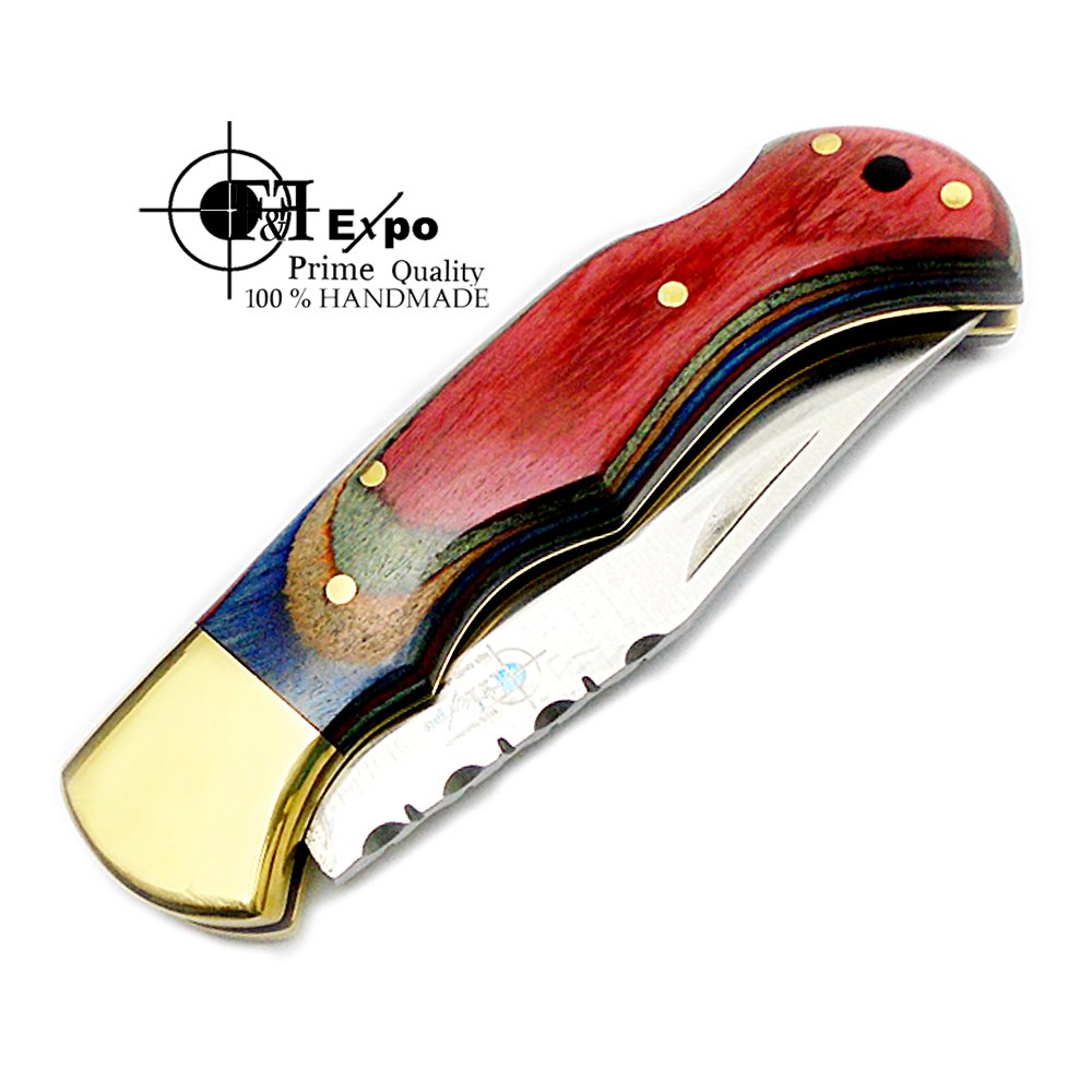 Multi Wood 6.5'' Handmade Stainless Steel Folding Pocket Knife Brass Bloster With Back Lock 100% Top Quality