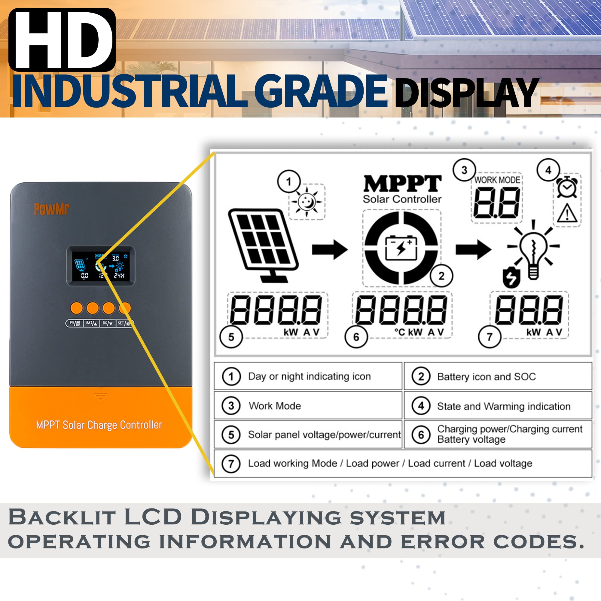 SOGTICPS MPPT 60A Solar Charge Controller w/0 Layer LCD Display,Lithium Battery Reactivation,12V/24V/36V/48V Battery System Charge Regulator for AGM, Gel, Flooded and Lithium