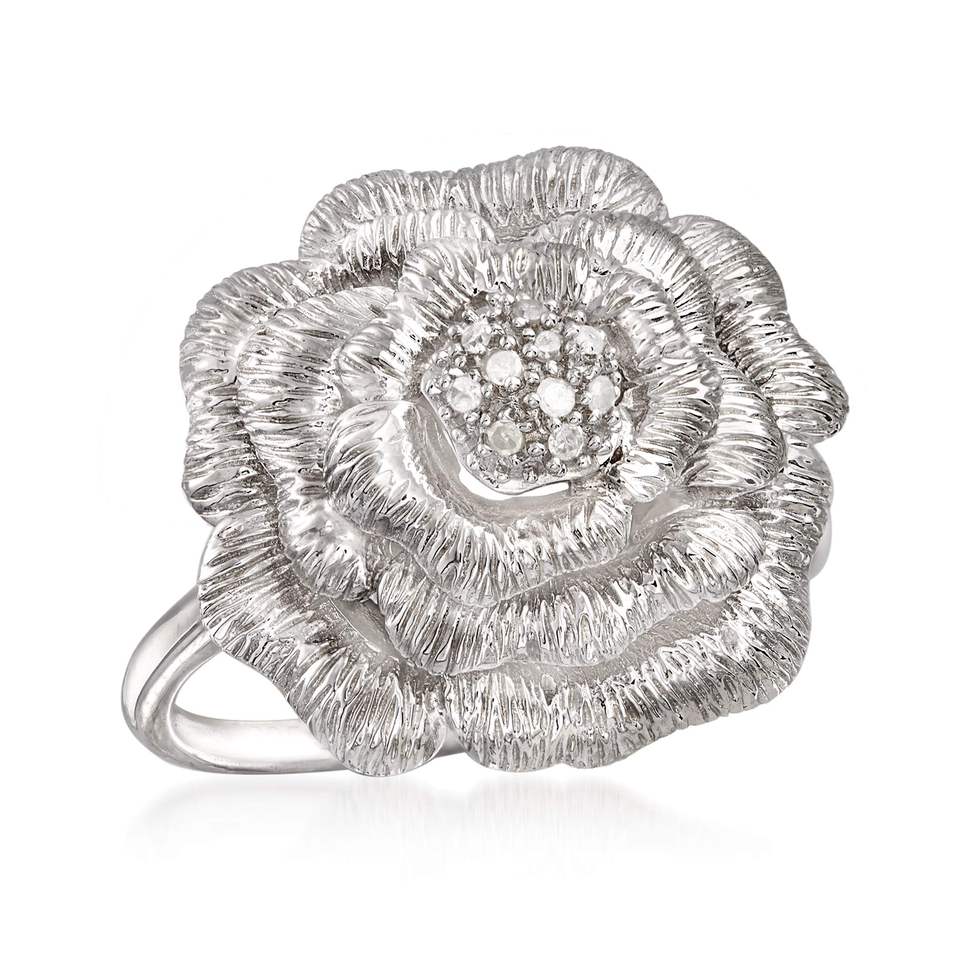 Ross-Simons Sterling Silver Rose Ring With Diamond Accents. Size 8
