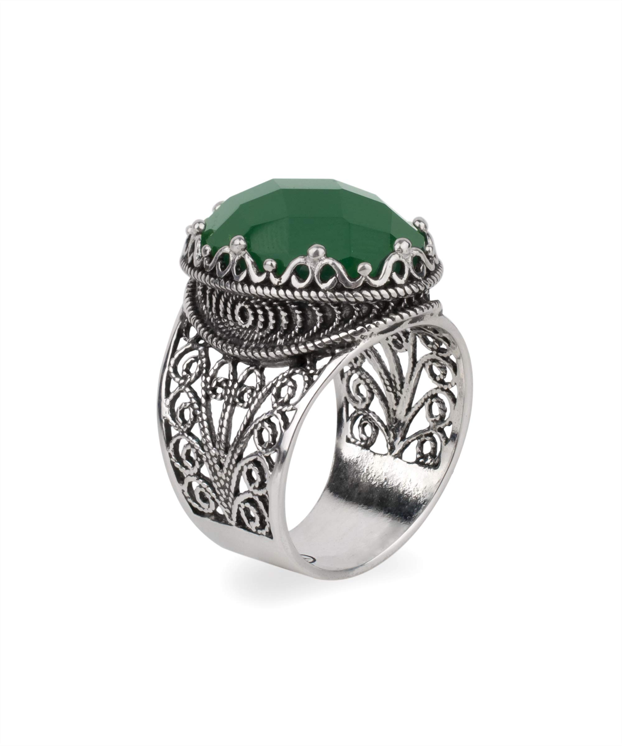 Ottoman Silver Collection 925k Sterling Silver Handmade Artisan Crafted Oval Filigree Ring with Green Agate Gemstone Unique Eyecatcher Designer Gift For You and Your Precious Beloved (Size 5-12) (10)