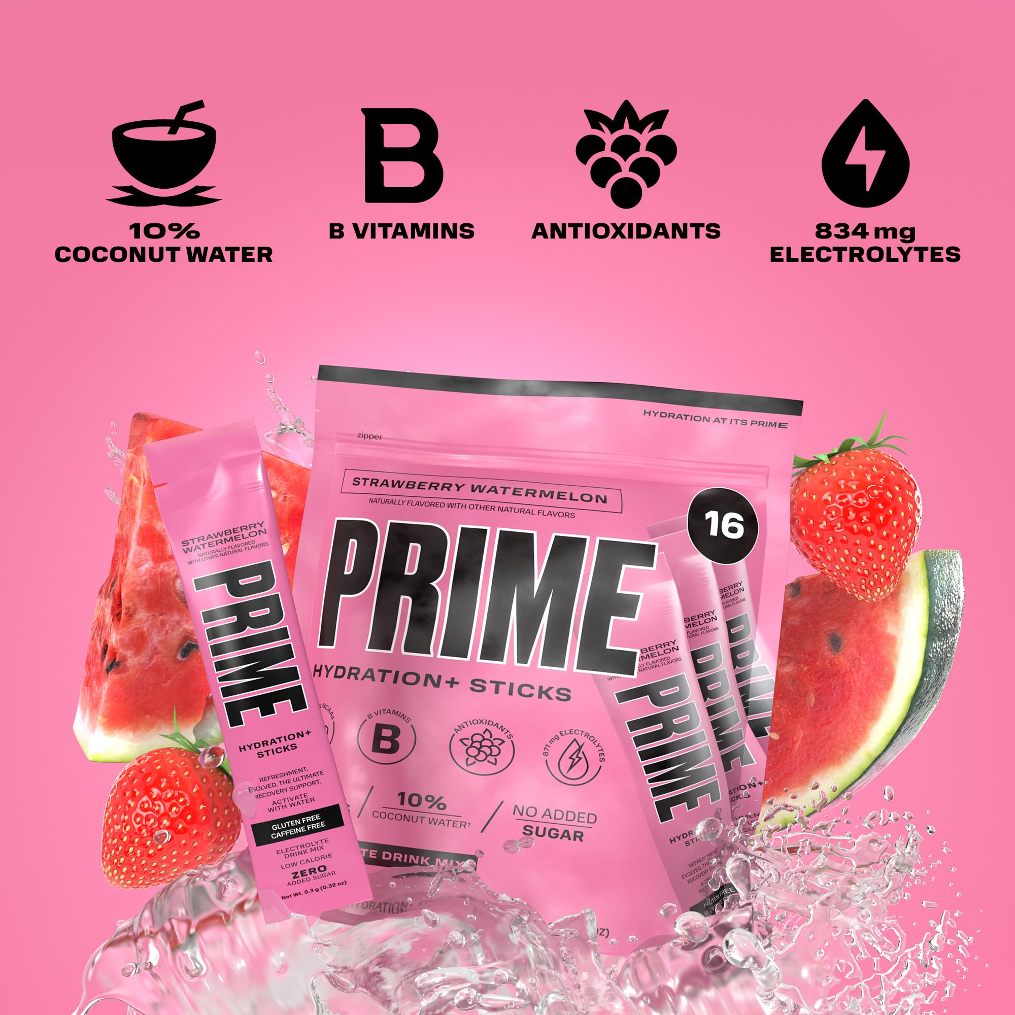 PRIME HYDRATION+ Sticks Strawberry Watermelon | Hydration Powder Single Serve Sticks | Electrolyte Powder On The Go | Low Sugar | Caffeine-Free | Vegan | 16 Sticks