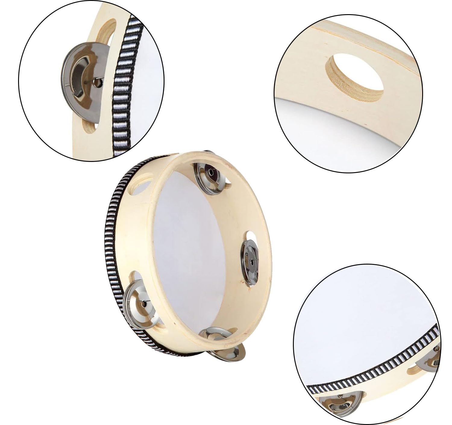 SOHAPY 2 Pcs 6 inch Hand Held Tambourine Drum Bell Birch Metal Jingles Percussion Gift Musical Educational Drum Instrument (6 IN)