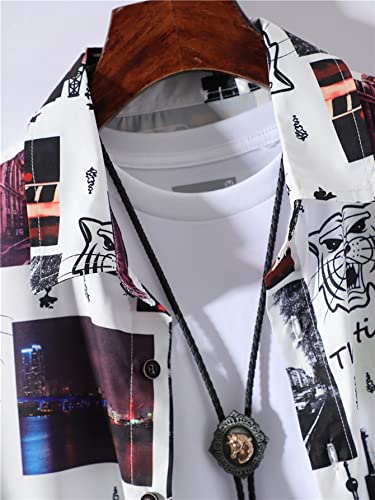 SHENHE Men's 2 Piece Outfits Graphic Button Up Short Sleeve Patchwork Shirt and Shorts Set White and Black M