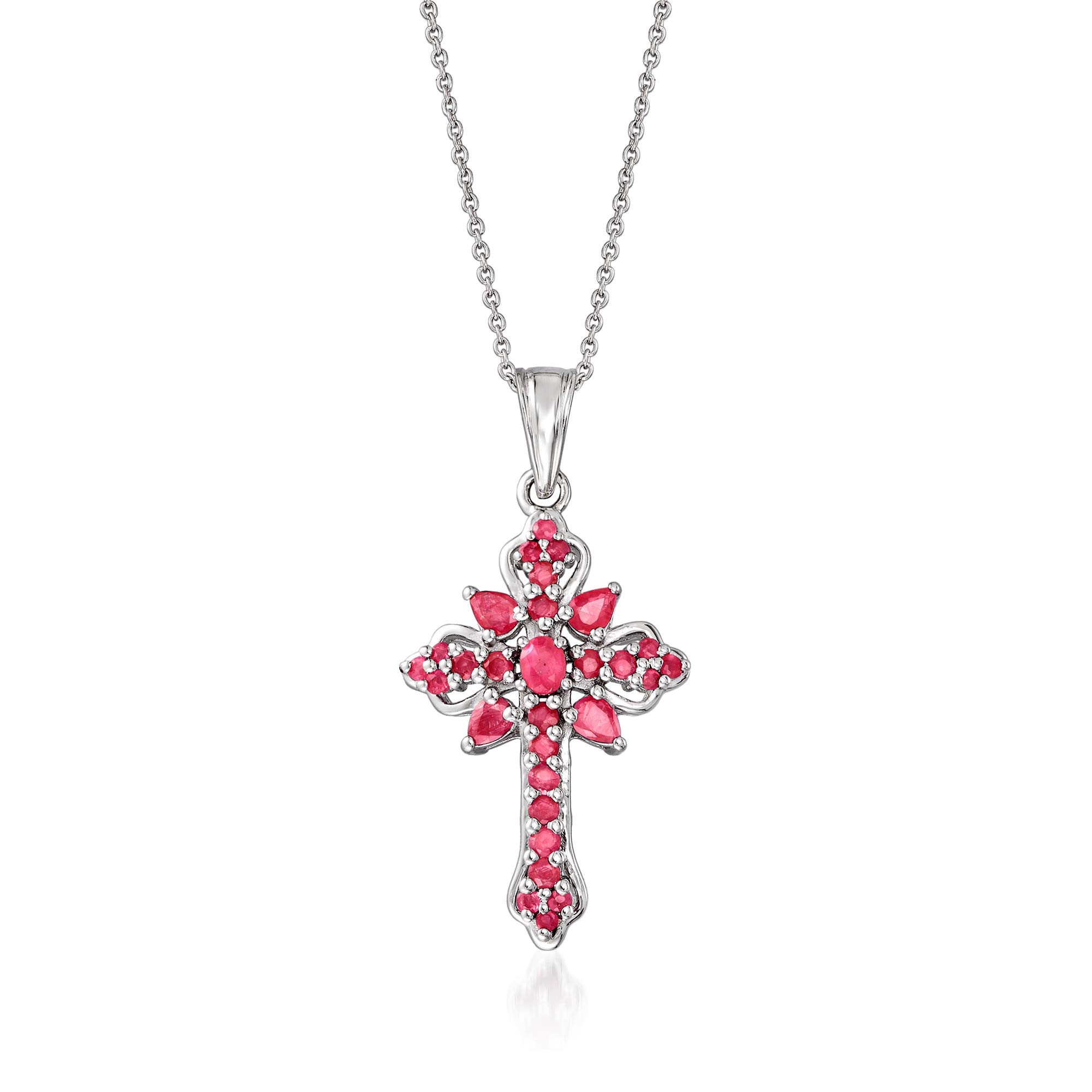 Ross-Simons 1.46 ct. t.w. Ruby Cross Pendant Necklace in Sterling Silver. 18 inches