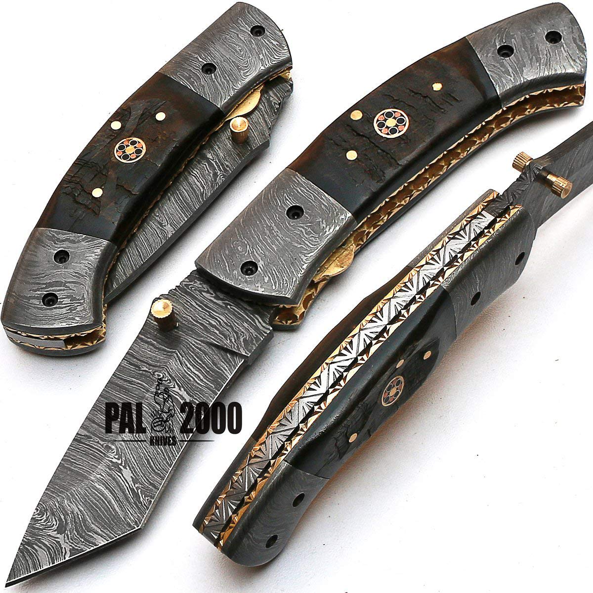 PAL 2000 KNIVES REG-8851 Custom Handmade Damascus Steel Folding Ram Handle Knife With Sheath