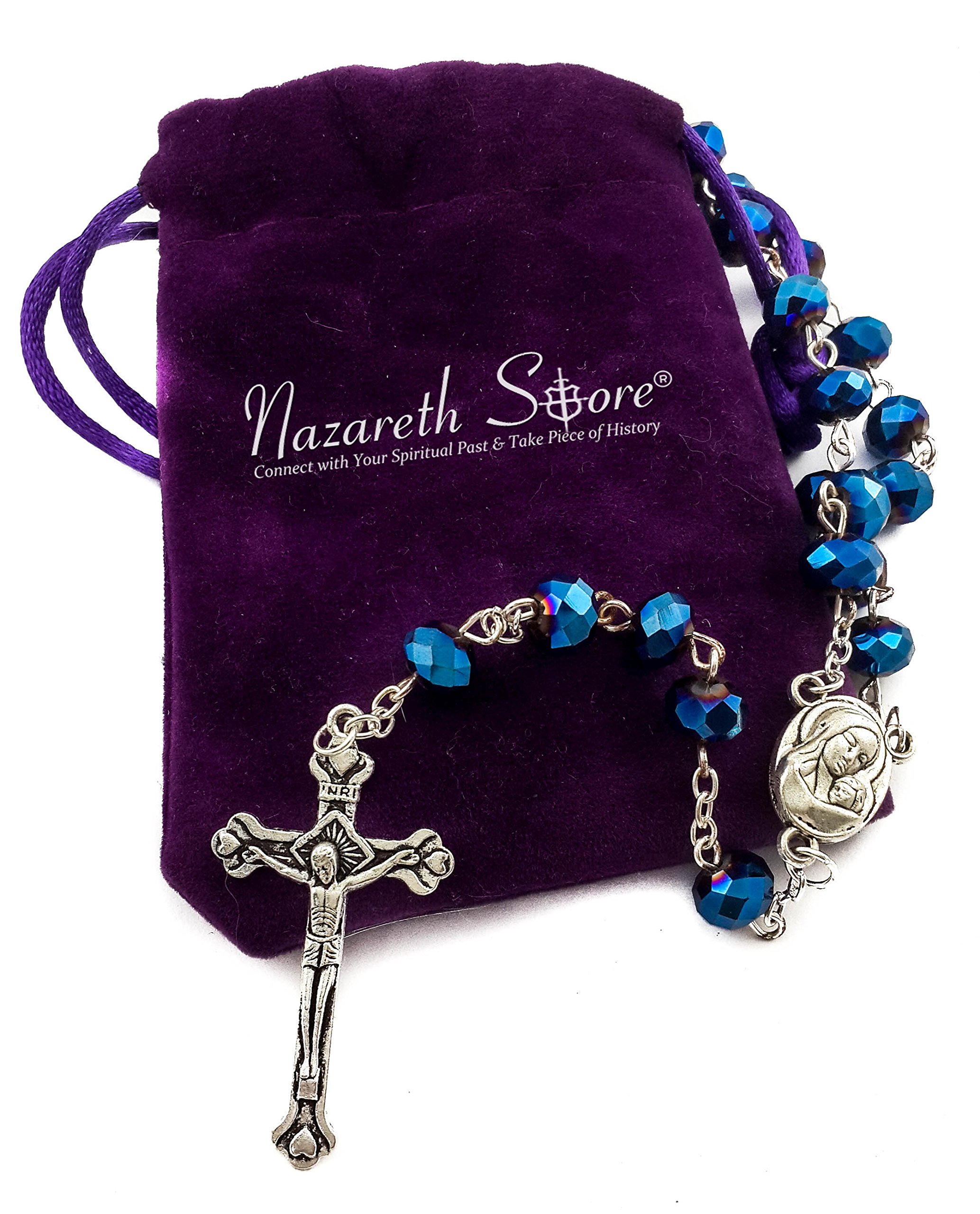 Nazareth Store Deep Blue Crystal Beads Rosary Catholic Necklace Holy Soil Medal Cross Crucifix Velvet Bag