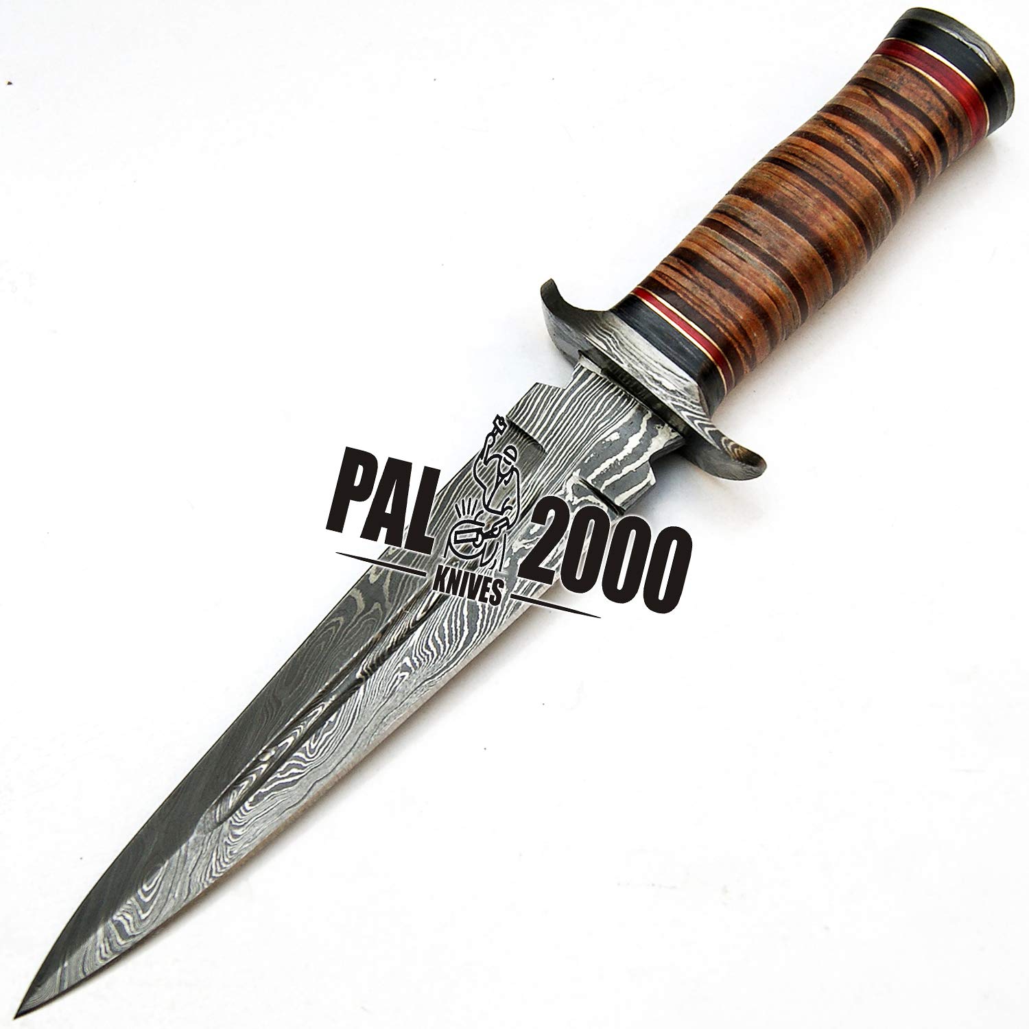 PAL 2000 KNIVES Handmade Damascus Steel Fixed Blade 8 Inch Dagger Hunting Knife 5 Inch Leather Handle - 9276