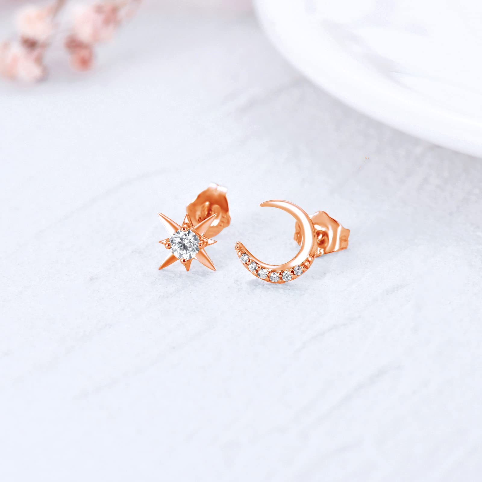 Solid 14k Yellow Gold Moon and North Star Earrings, Real Gold Stud Earring for Women