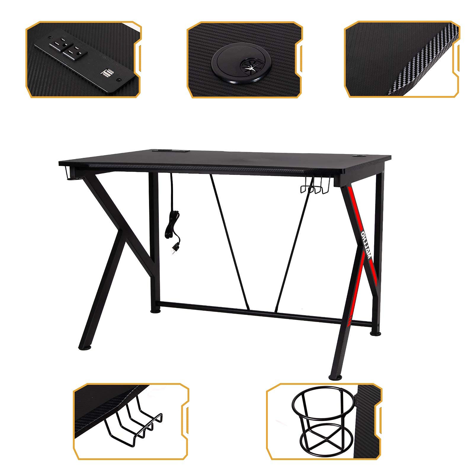 Polar Aurora K-Shaped Gaming Desk 45.1" W x 28.6" D Home Office Computer Table, Black Gamer Workstation with Cup and Headphone Hooks, Cable Management Hole and Built-in Multi-Function Socket(RED)