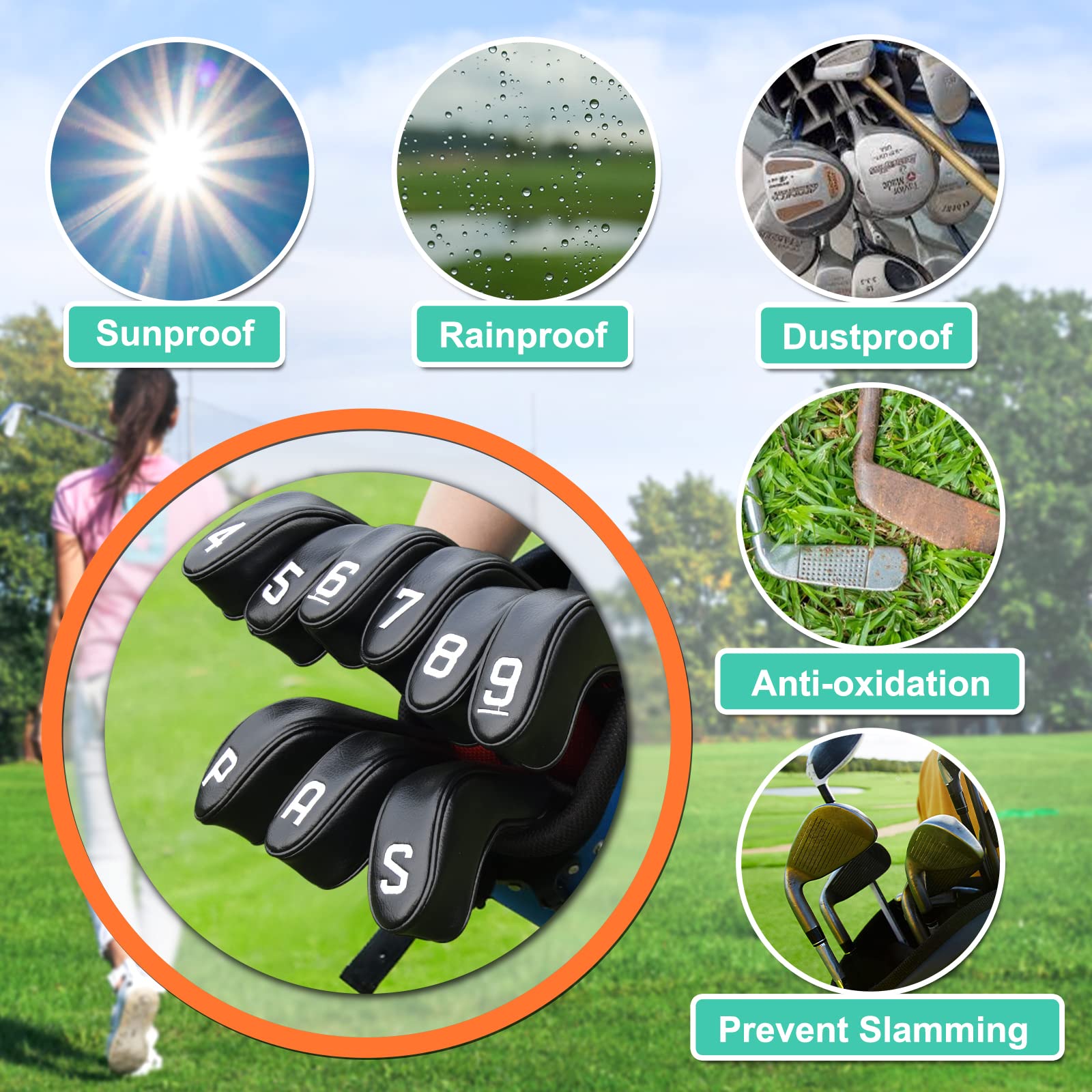 VAEEL 9pcs Hybrid Head Covers for Golf Clubs, Premium Leather Hybrid Iron Covers, Black Hybrid Headcover Set Fit Most Hybrid Irons