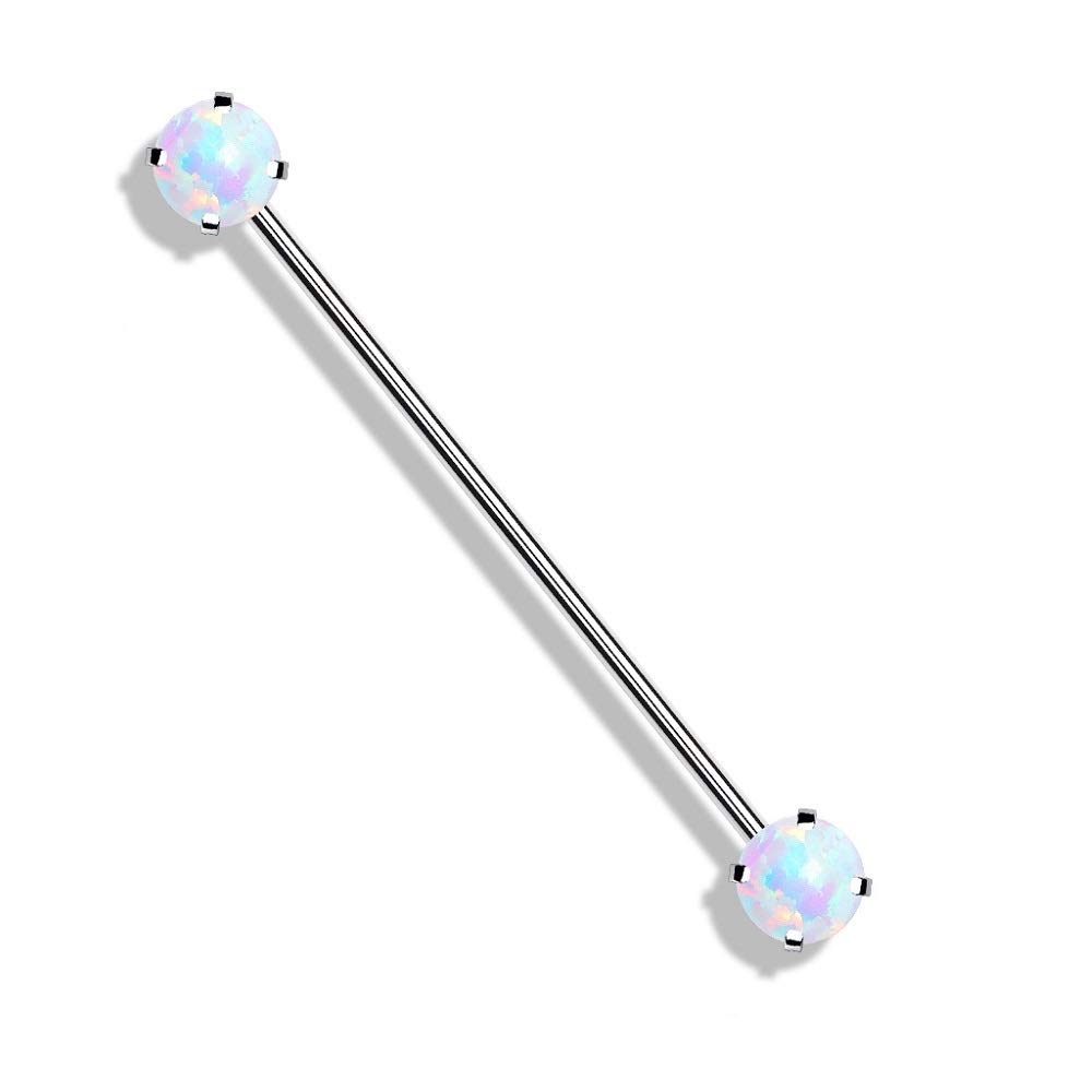 Pierced Owl 14G Stainless Steel Threadless Push-in Prong Synthetic Opal Industrial Barbell (Silver Tone/White Opal)