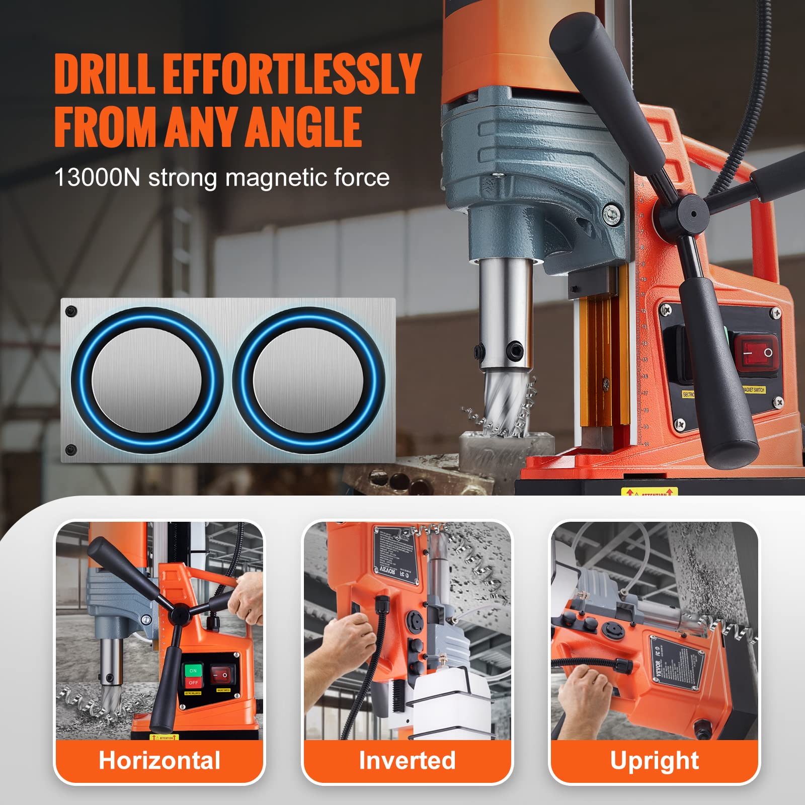 VEVOR Mag Drill Press, 1300W 1.57" Boring Diameter, 2922lbf Power Portable Magnetic Drill, 810 PRM, Electric Drilling Machine for Metal Surface, Industrial and Home Improvement