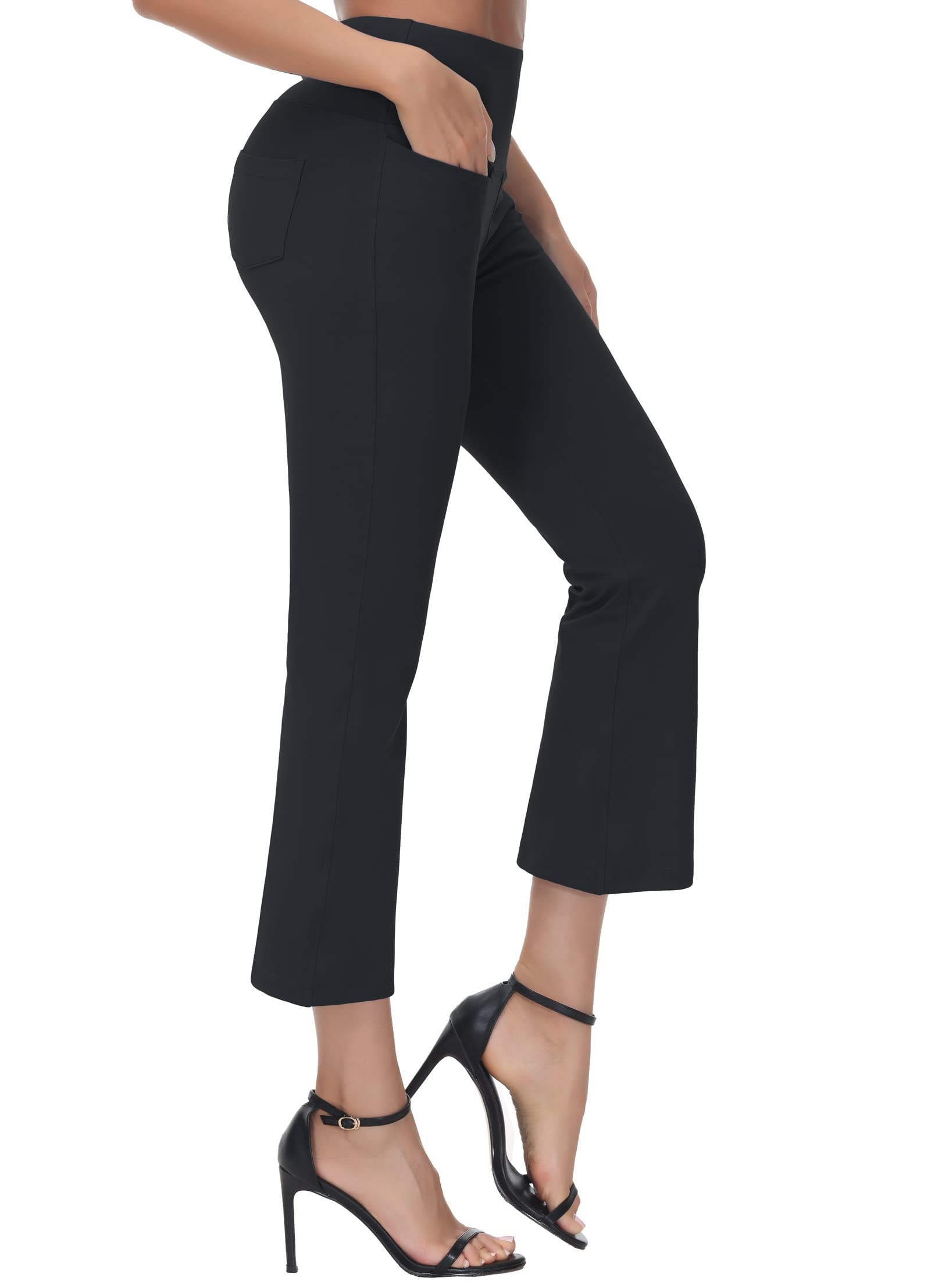 THE GYM PEOPLE Women's Boot Cut Yoga Capris Pants High Stretch Workout Wide Leg Crop Leggings 4 Pockets Black