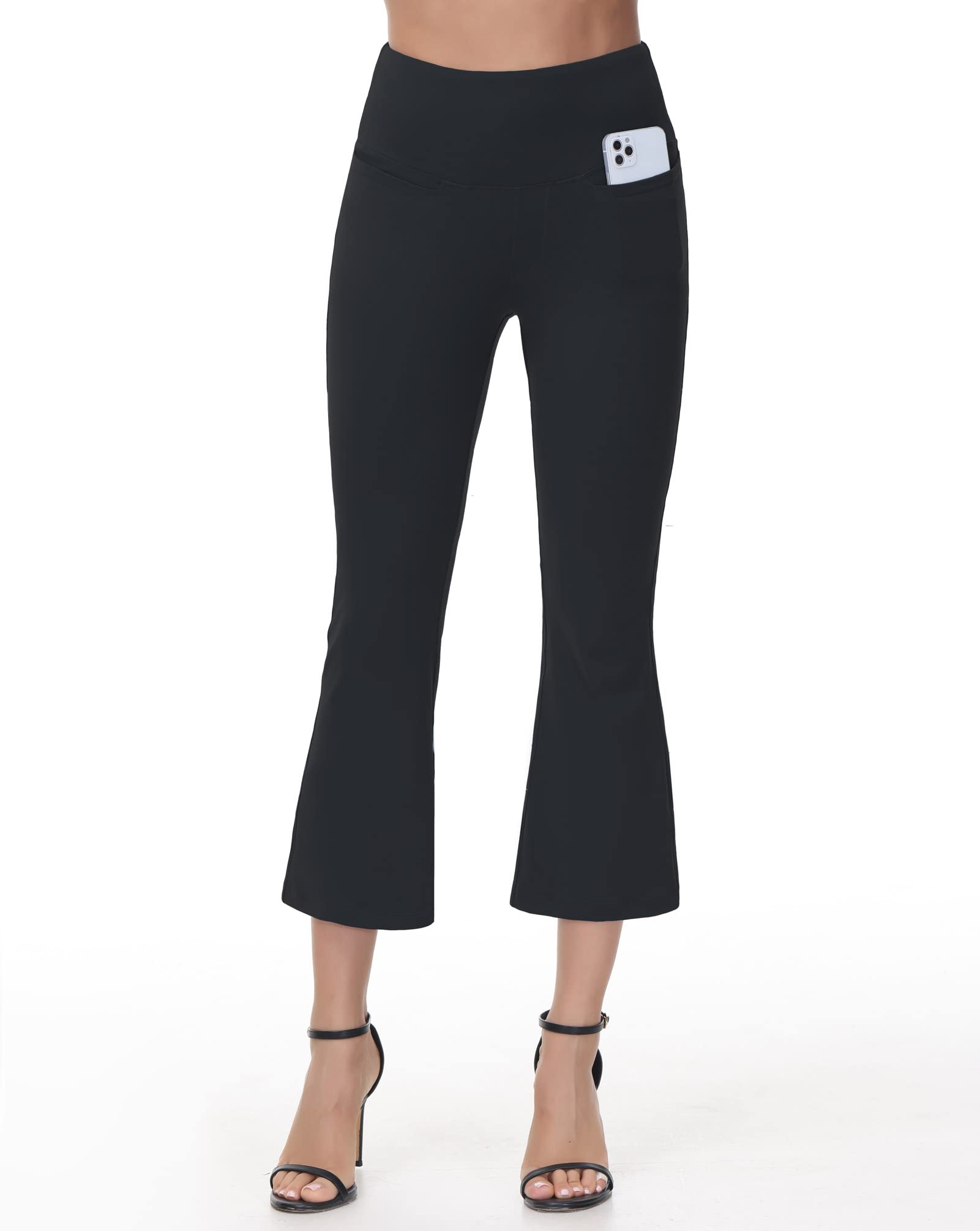 THE GYM PEOPLE Women's Boot Cut Yoga Capris Pants High Stretch Workout Wide Leg Crop Leggings 4 Pockets Black