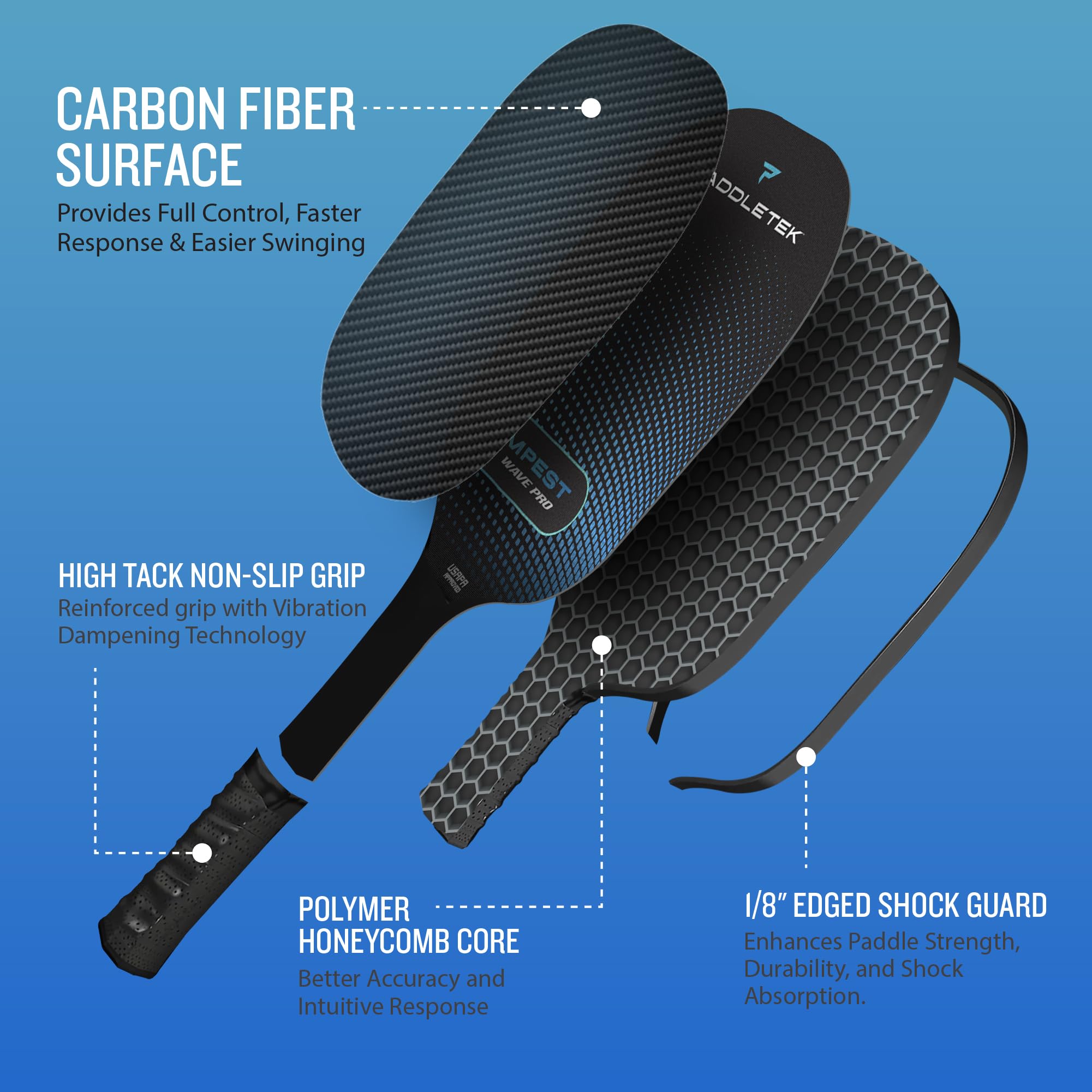 Paddletek Tempest Wave Pro Pickleball Paddle | Professional Pickleball Paddles with Carbon Fiber Surface, Tempest SRT Honeycomb Core & High Tack Performance Grip | USAPA Approved