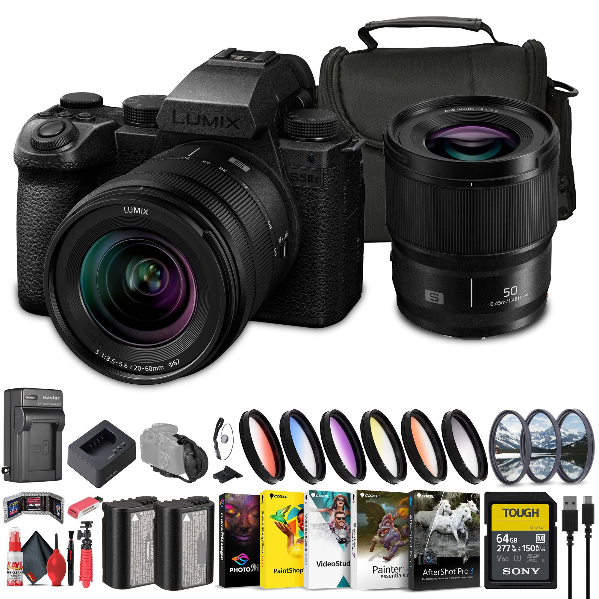 Panasonic Lumix S5 IIX Mirrorless Camera with 20-60mm and 50mm Lenses Kit (DCS5M2XW/W) + 64GB Memory Card + Filter Kit + Color Filter Kit + Corel Photo Software + DMW-BLK22 Battery + Bag + More