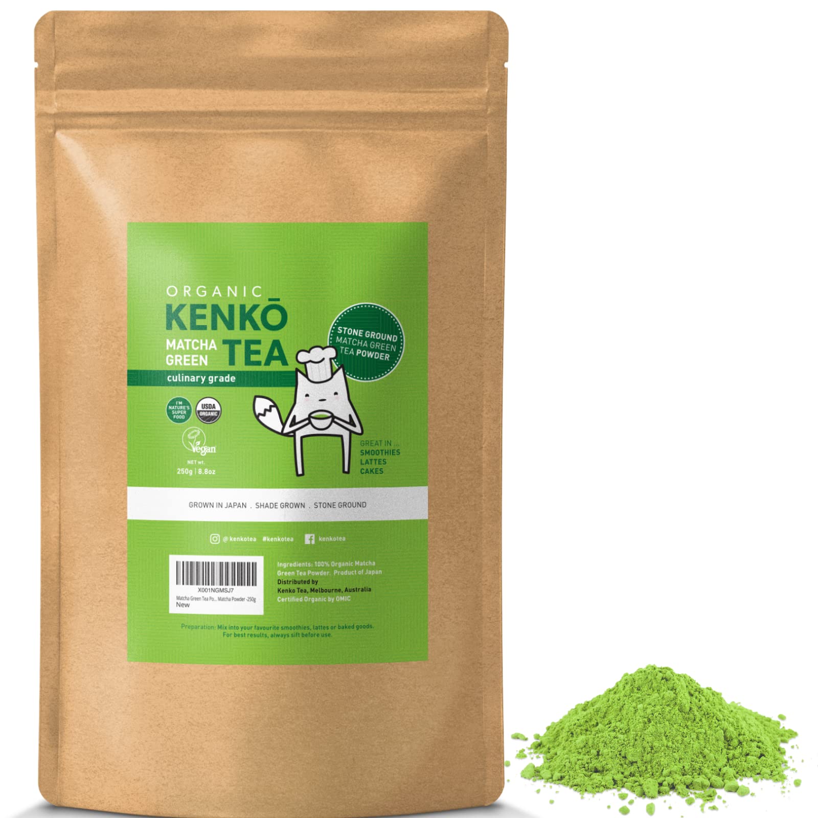 Matcha Green Tea Powder - Organic Culinary Grade Matcha, Second Harvest for Lattes & Drinks, Pure, Authentic Japanese - 125 Servings 250g Bulk Size [8.8oz] - Antioxidants, Energy & Health