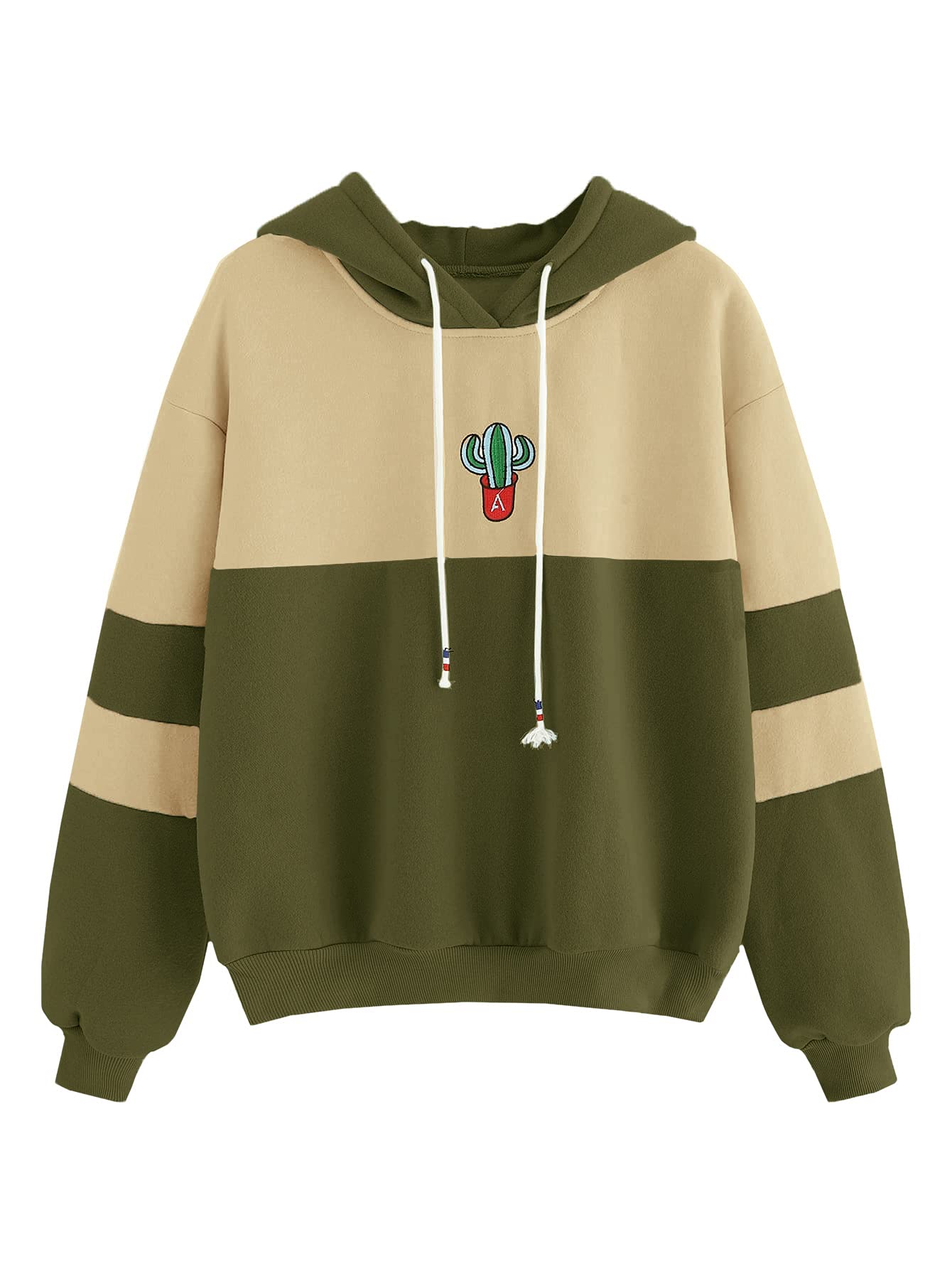 SweatyRocks Women's Long Sleeve Colorblock Pullover Fleece Hoodie Sweatshirt Top Khaki Grey M