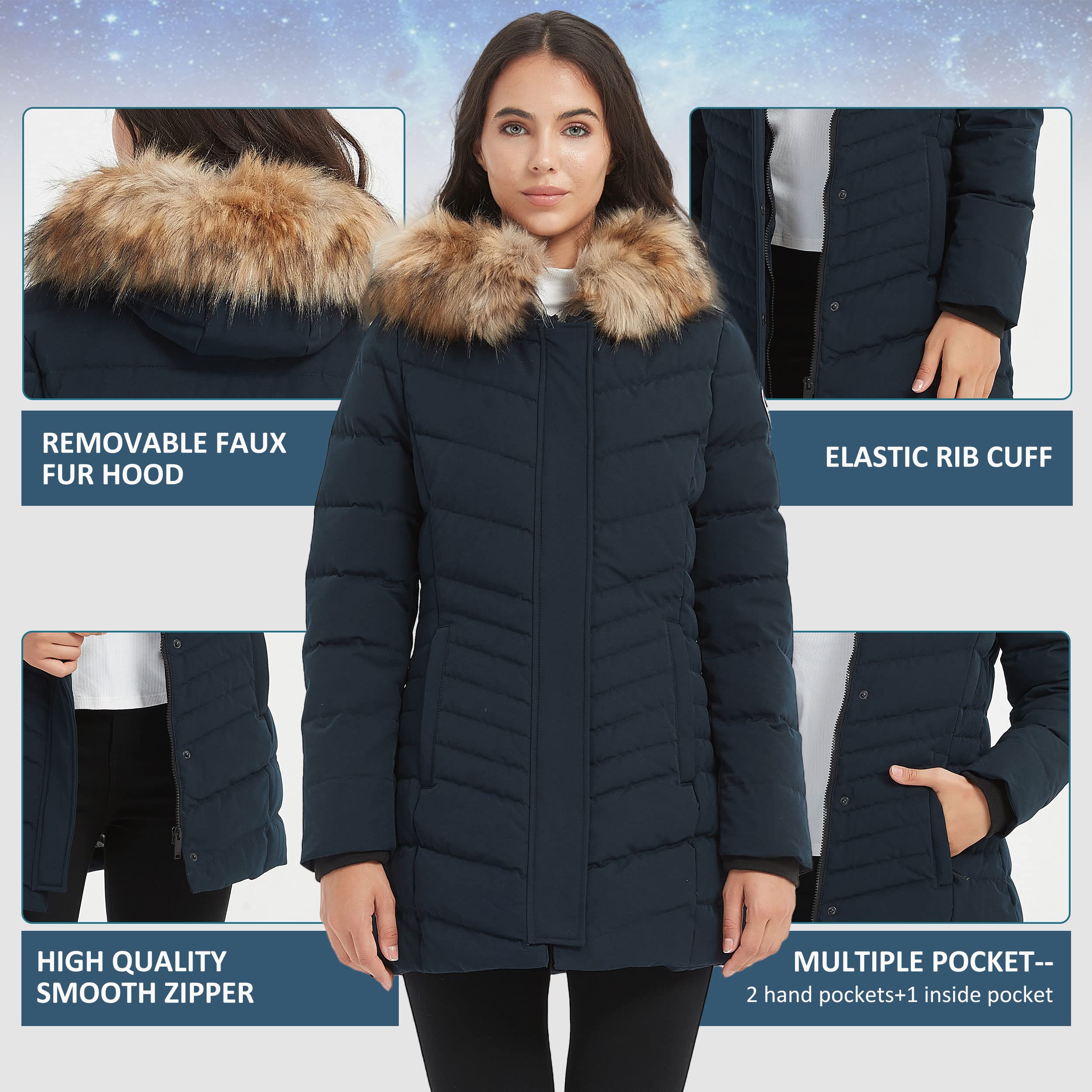 Molemsx Down Coat For Women, Women's Warm Winter Parka Down Coats with Removable Fur Hood Puffer Jacket Shell Snowboarding Coats for Cold Weather Navy M-Regular