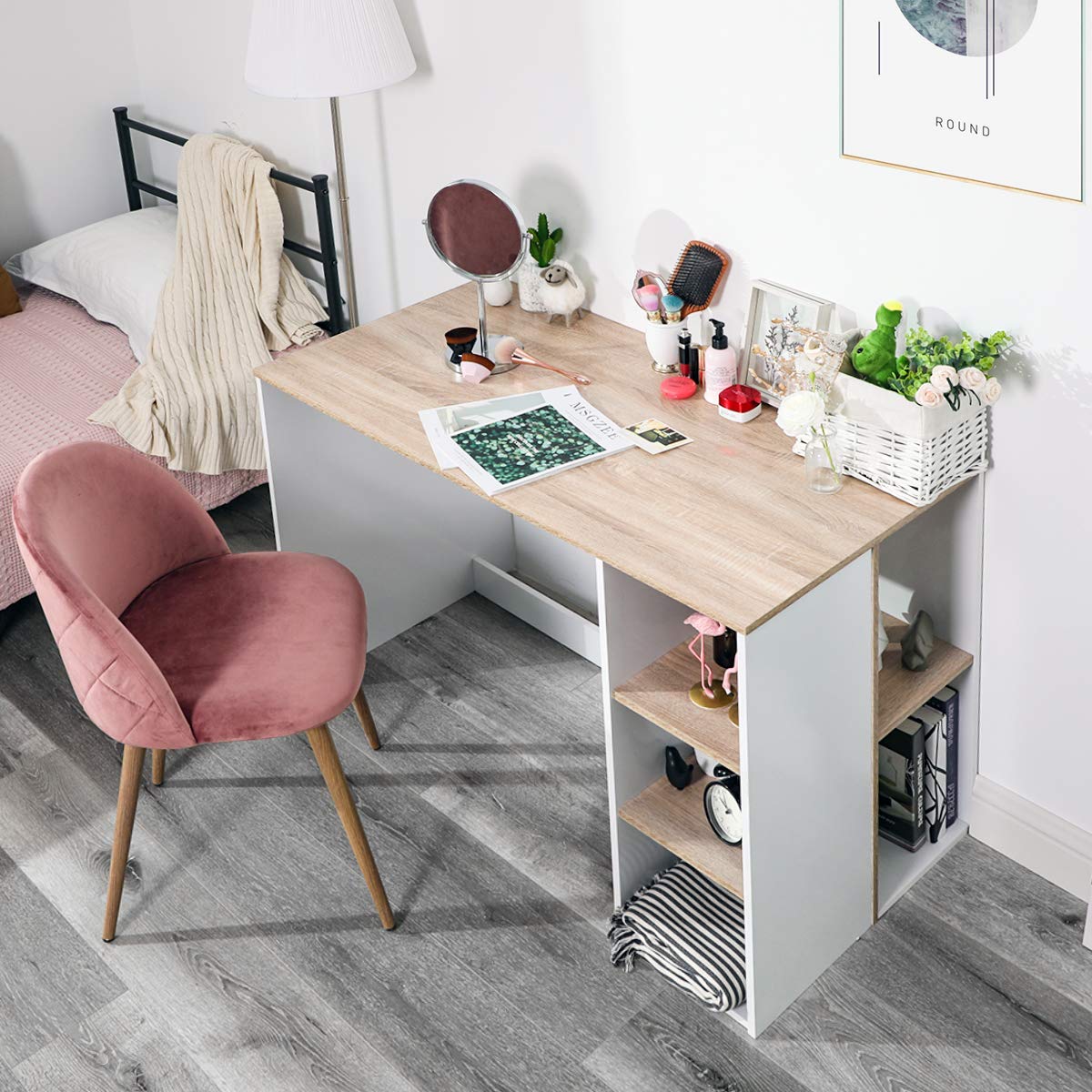 Office Computer Desk 47.2 Inch ps5 Gaming Desk with Drawers Kids Study Writing Desk Organizers with 5 Shelves Students Laptop Table Home Wood Workspace Conference Room Tables, Oak White