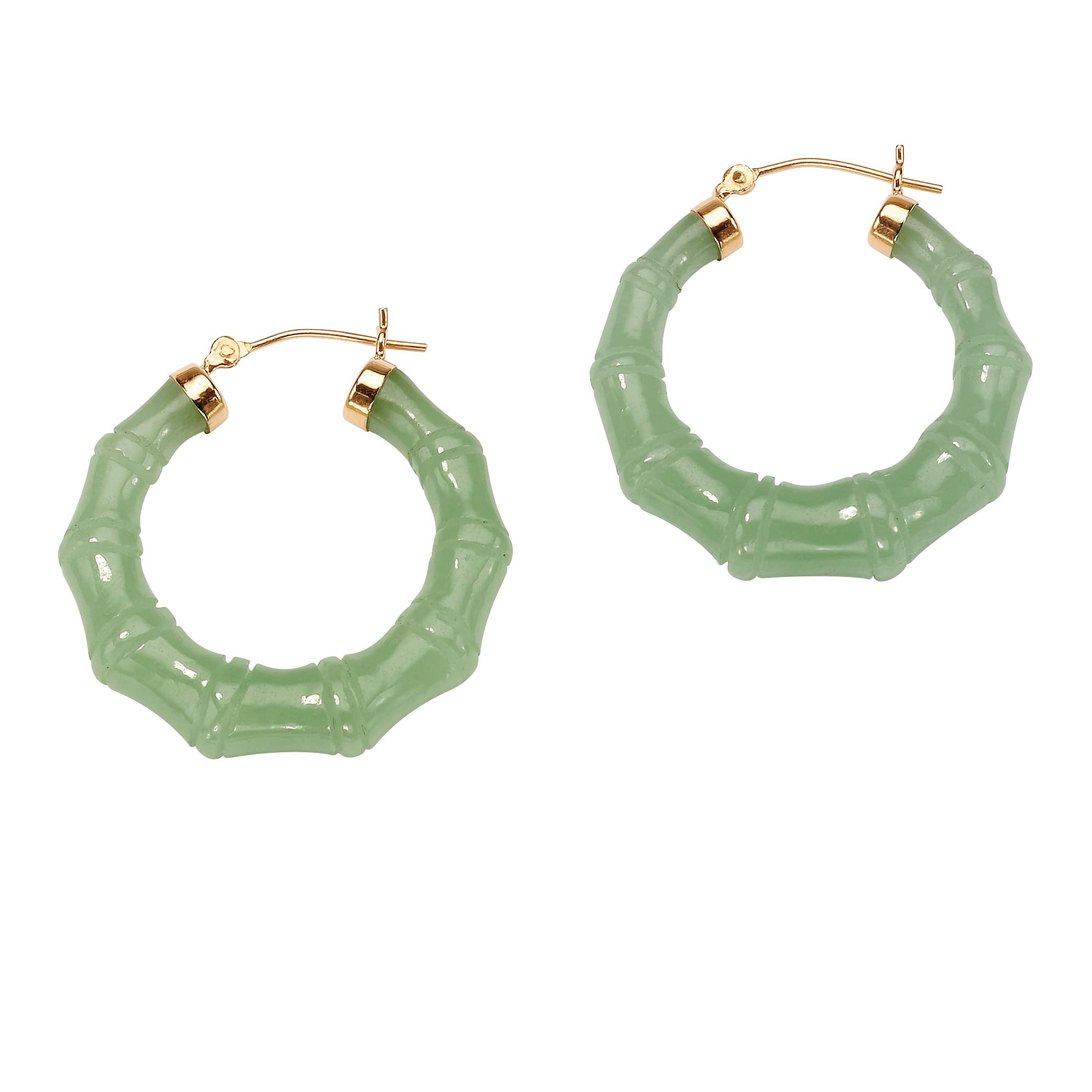 PalmBeach 14K Yellow Gold Round Genuine Green Jade Bamboo Style Hoop Earrings (30mm)