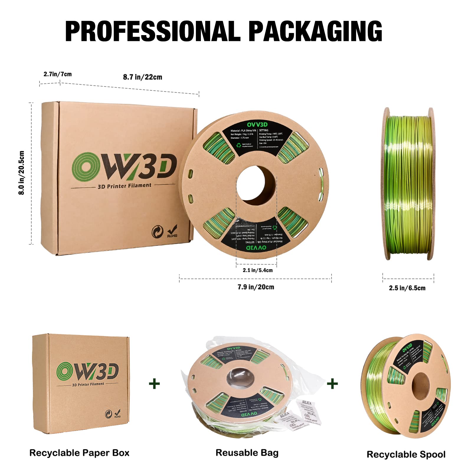 OVVNYXE OVV3D PLA Filament 1.75mm, 3D Printer Autumn, Silk 1.75mm +/- 0.02mm, Printing Rainbow Filament, Plus Multicolor PLA+ Green Yellow, 1kg