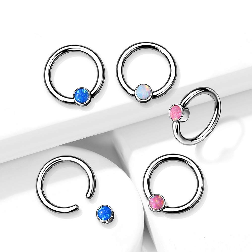 Pierced Owl 16G Implant Grade Titanium Bezel Set Synthetic Opal Captive Bead Ring (White)