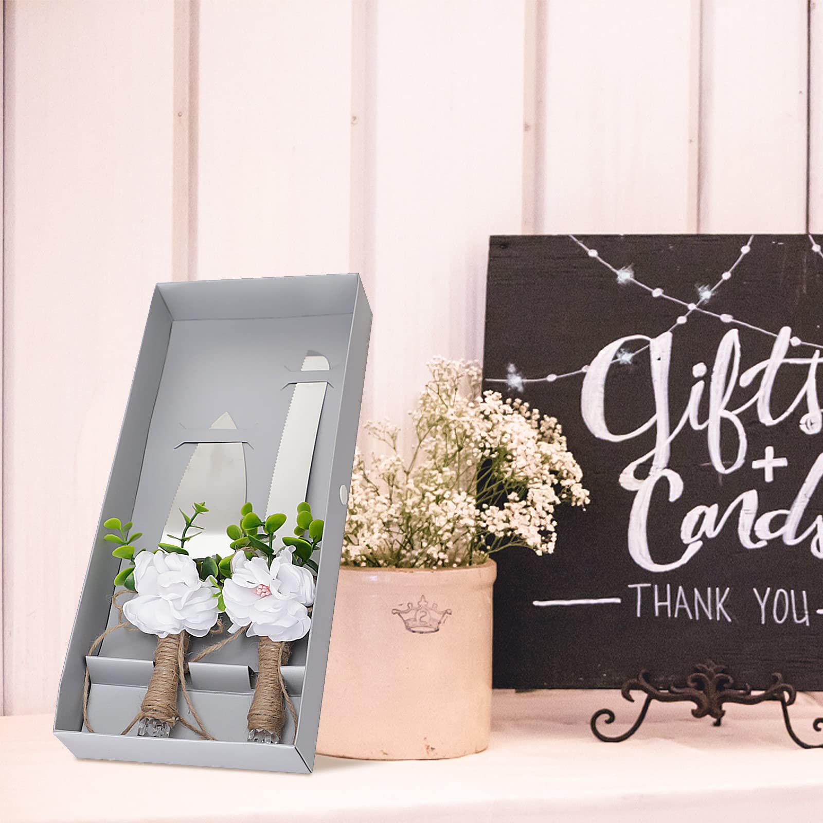 Wedding Cake Knife and Server Set of 2, Rustic Style Stainless Steel Bride and Groom Cake Cutting Utensils with Eucalyptus Leaves and White Roses, Pie Cake Pizza Shovel Cutter, A