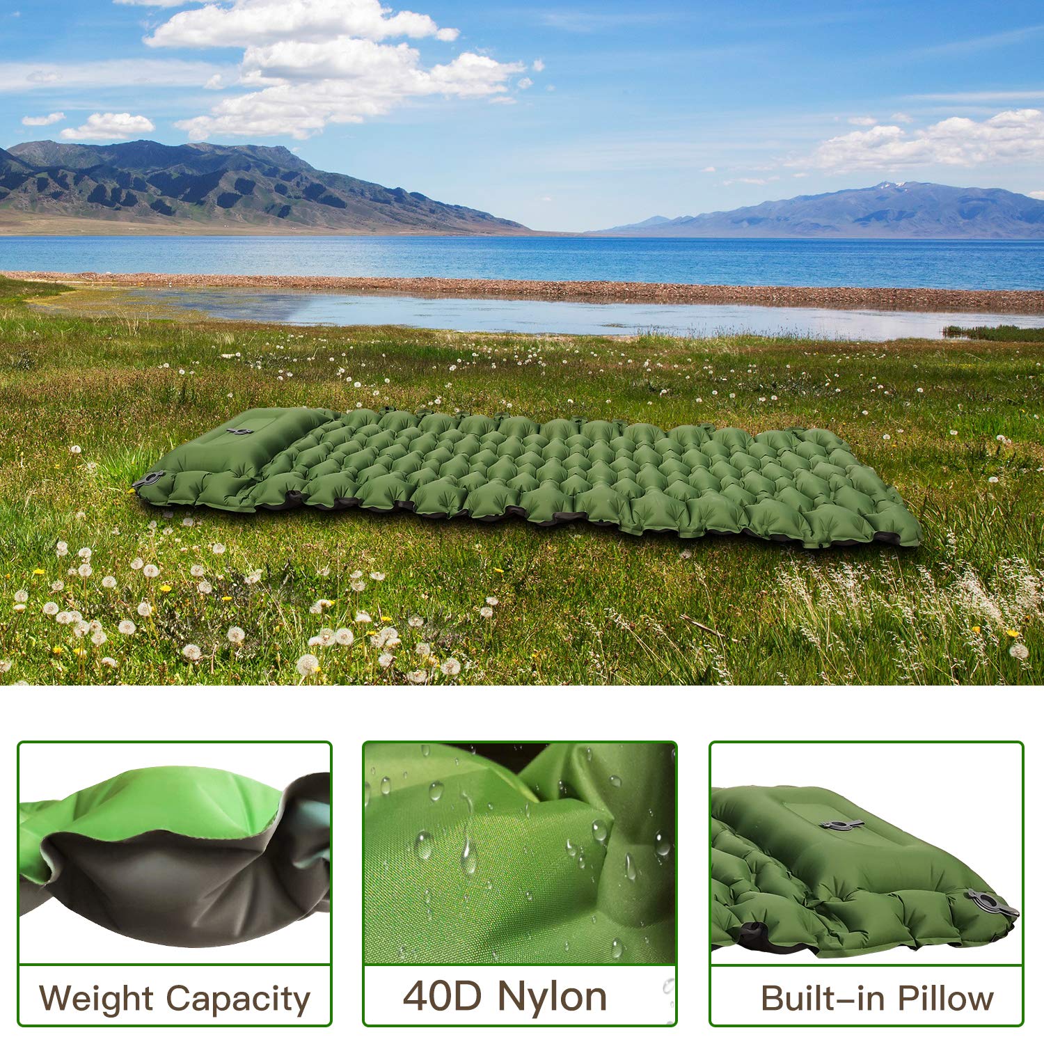 Self-Inflating Sleeping Pad for Camping, Ultralight Sleeping Pads with Pillow for Backpacking,RV, Traveling, Hiking Air Mattress- Lightweight & Compact, Camping Sleeping Mat with Waterproof-Green