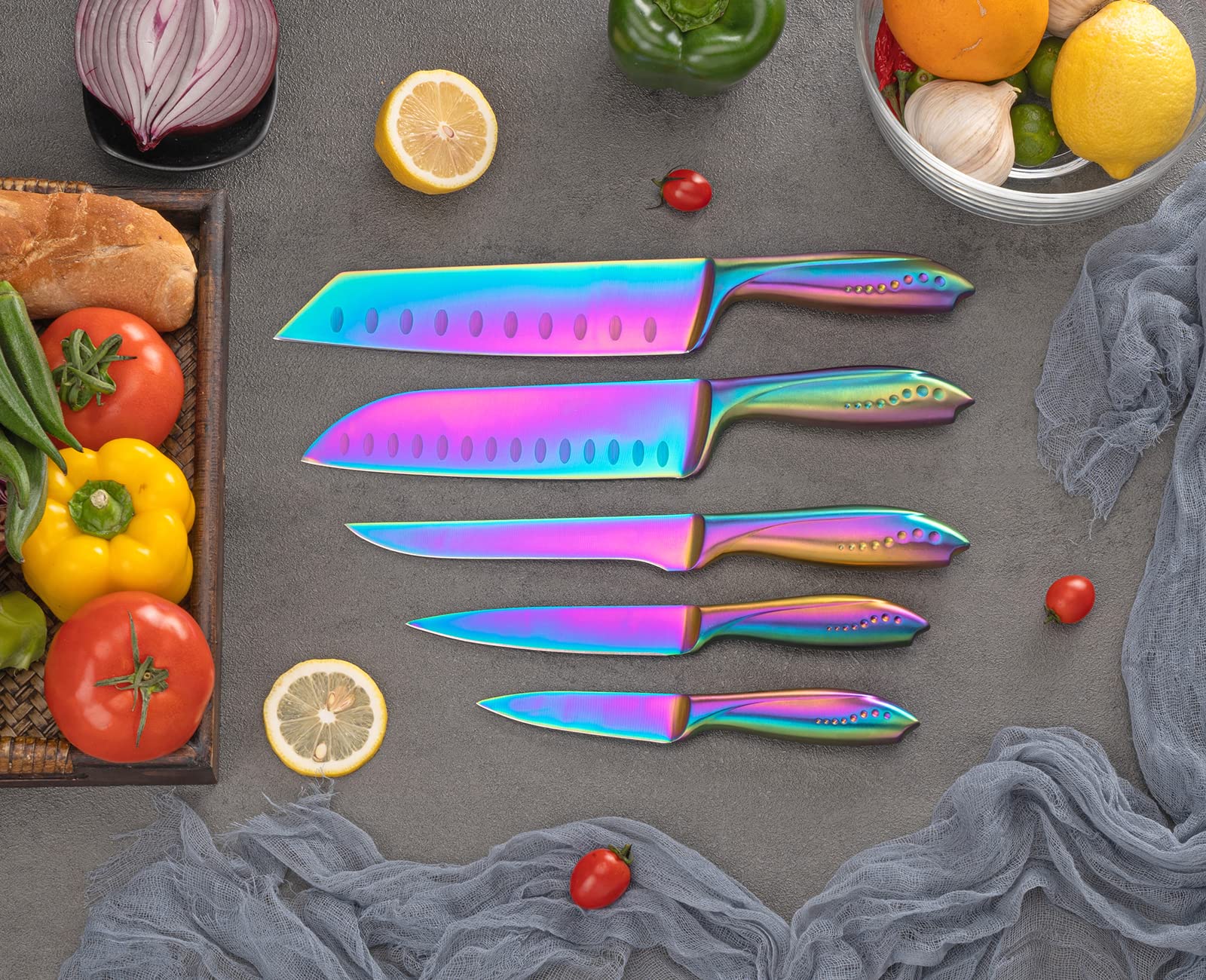 WELLSTAR Rainbow Knife Set 5 Piece, Razor Sharp German Stainless Steel Blade with Iridescent Titanium Coated, Kiritsuke Santoku Boning Utility Paring for Kitchen Cutting Dicing Filleting and Peeling