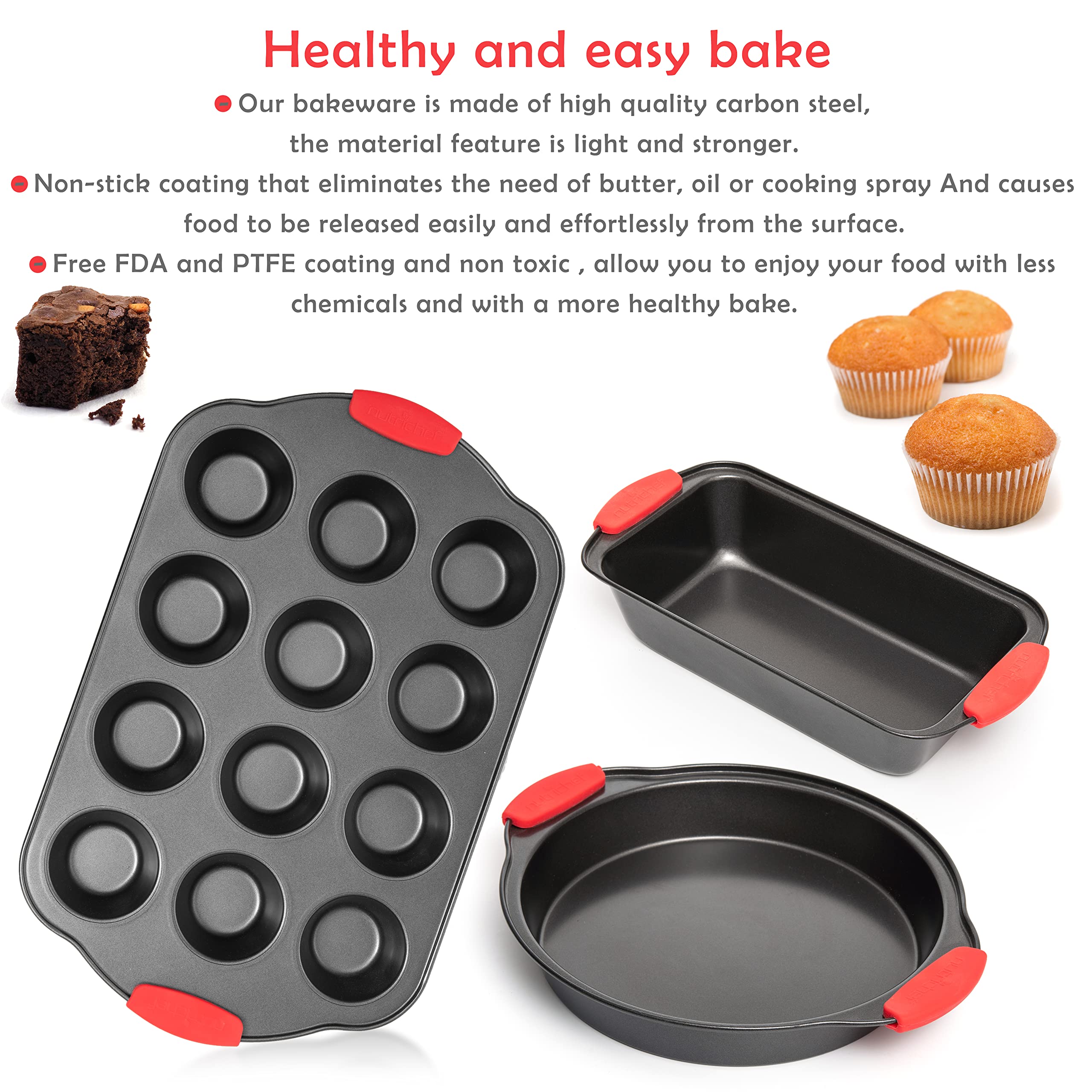 Moss & Stone 9 Piece Baking Pans Set Non Stick, Oven Safe Baking Sheet Set Carbon Steel Non-Stick PTFE Coating, Bakeware Set With Heat Red Silicone Handles, Black Baking Trays For Oven